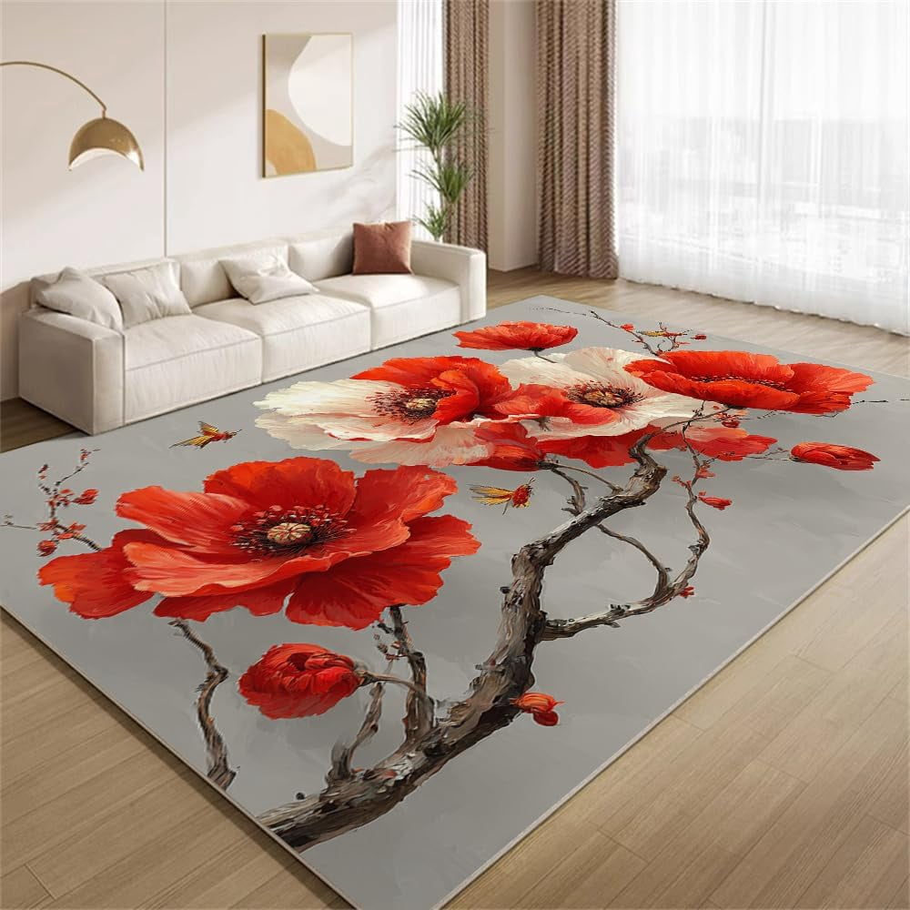 3D Floral Area Rugs, Red Poppy Flower Carpet, Washable Non Slip Low ...