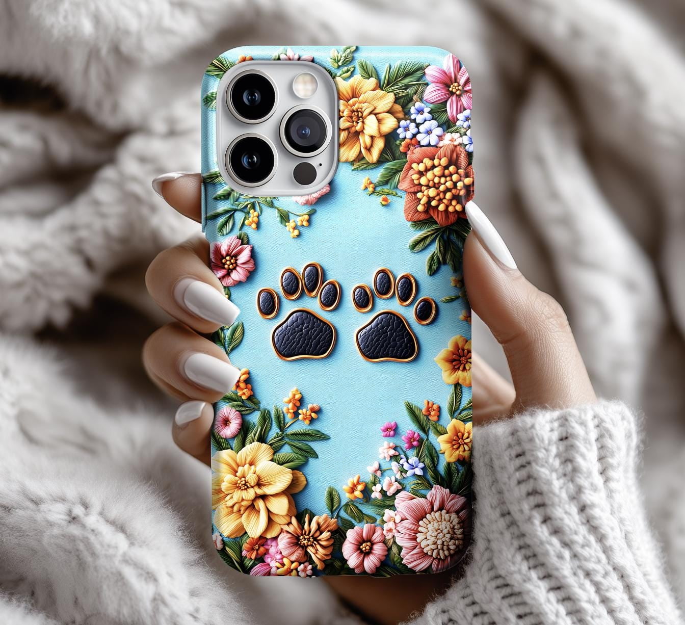 3D Floral Paw Print Dog Lover Phone Case with iPhone 17 11 12 13 14 15 ...