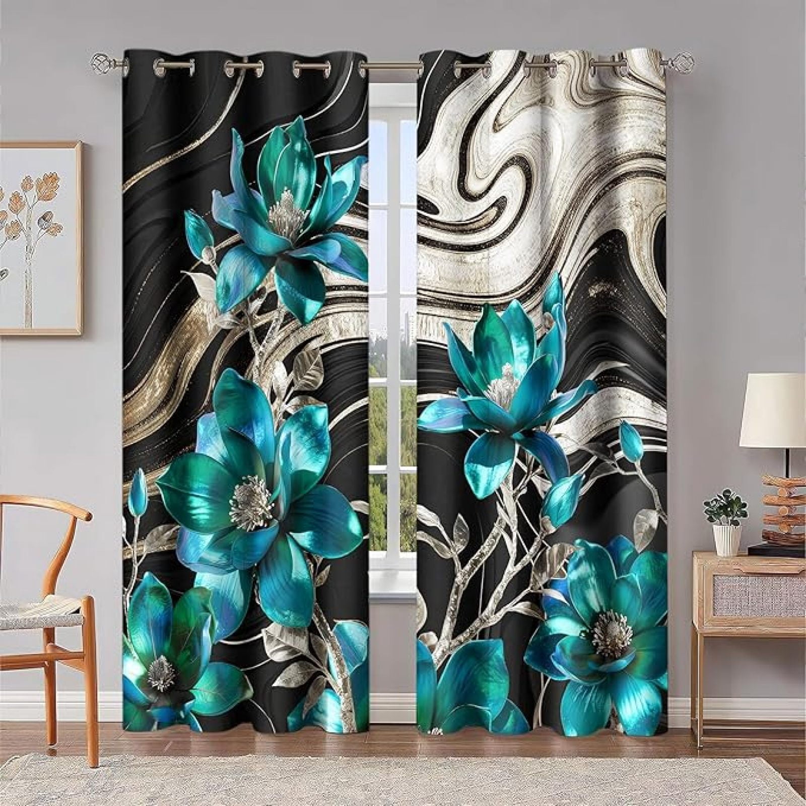 3D Floral Peacock Blue Curtains Luxury Black Marble Textured Blackout ...