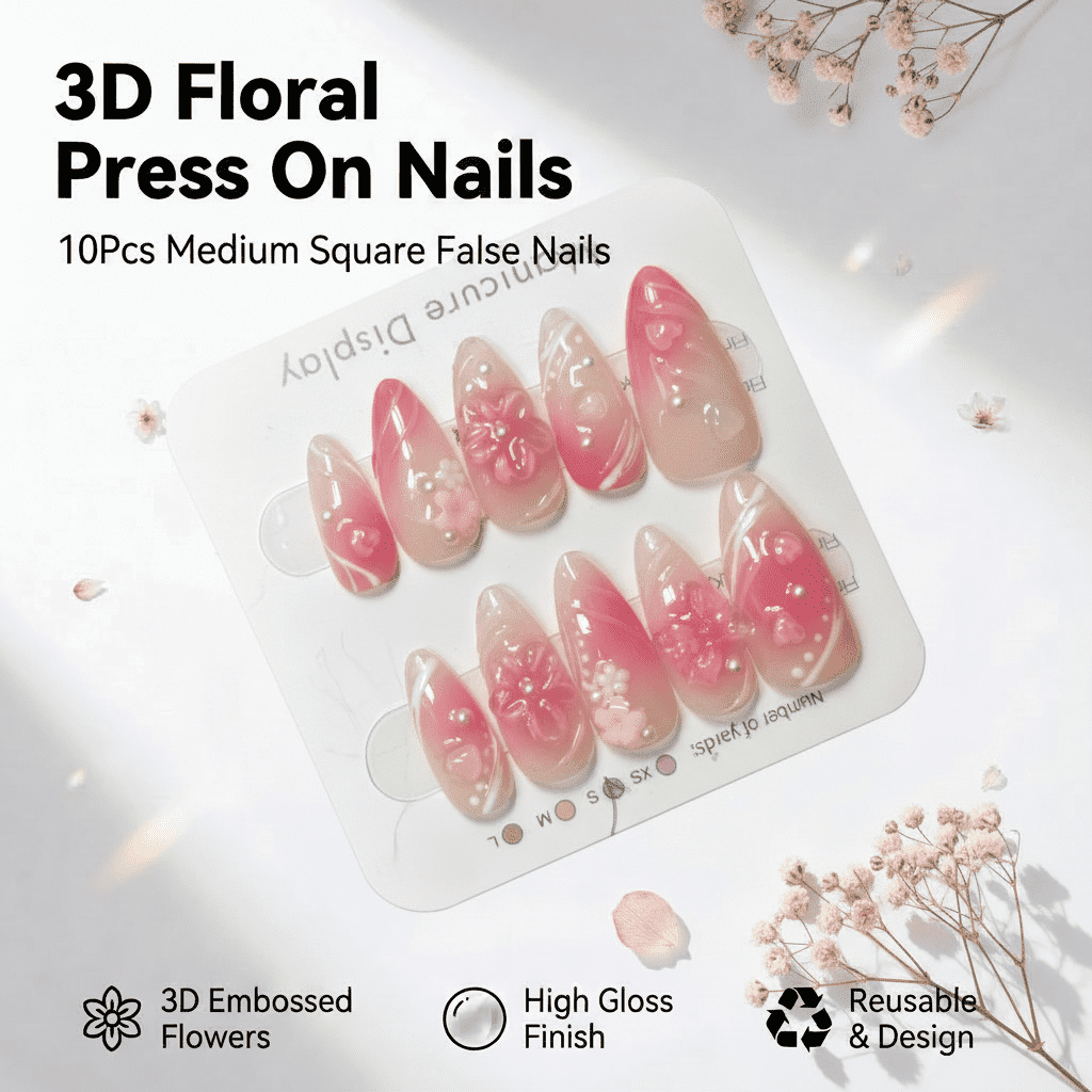 3D Floral Press On Nails Handmade Almond Shape Medium Length Hot Pink ...
