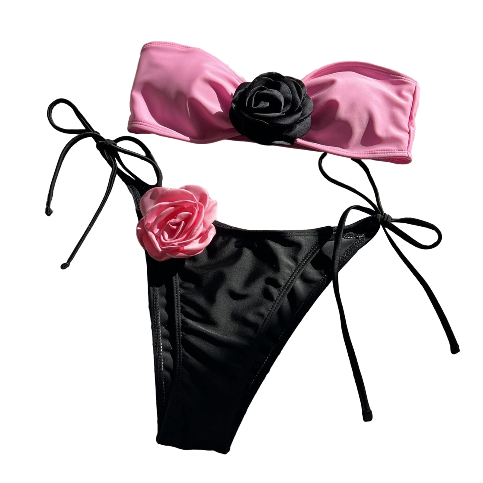 3D Flower Bandeau Swimsuit for Women Swimwear 2 Piece Strapless Bikinis ...
