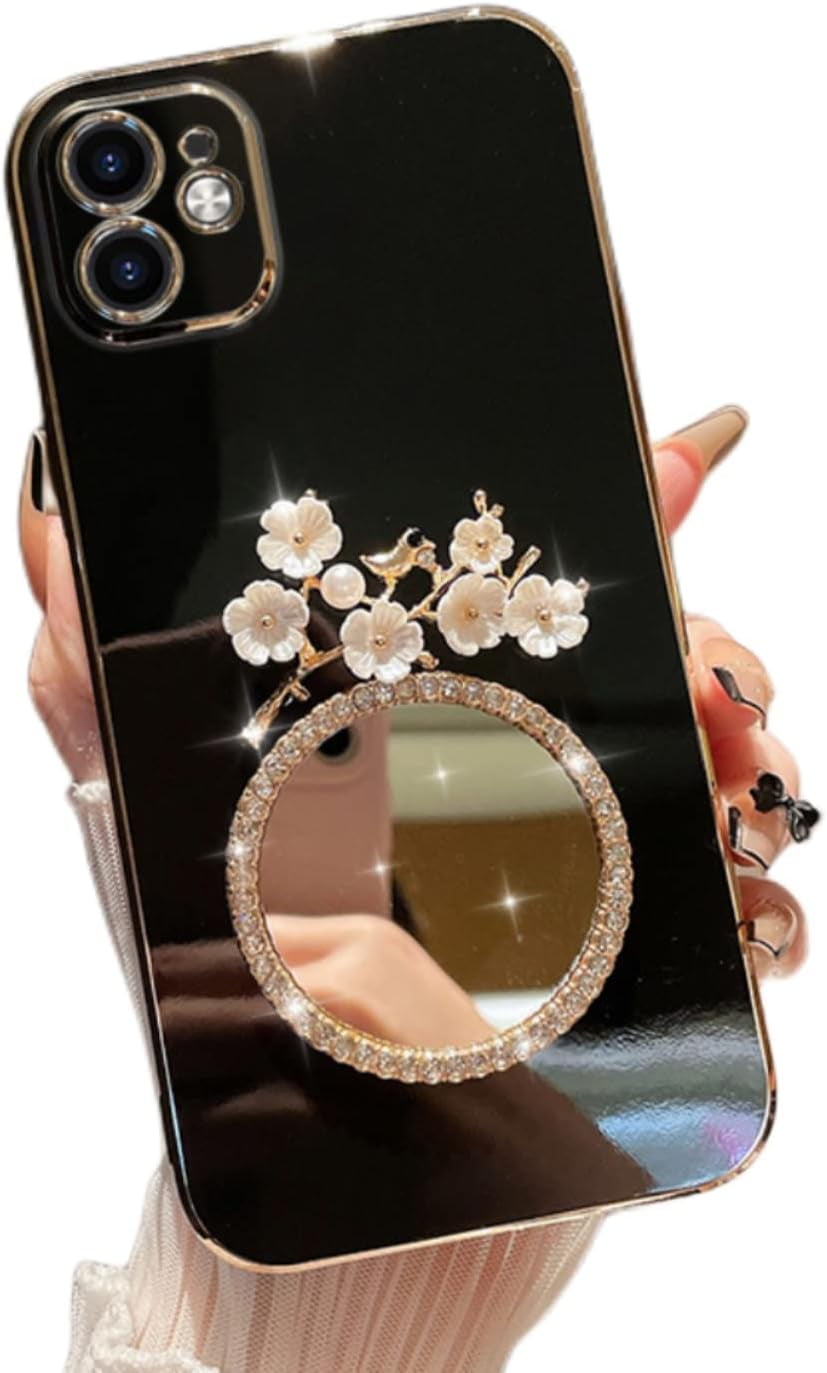 3D Flower Bird Soft TPU Bling Phone Case with Shiny Bezel Makeup Mirror ...