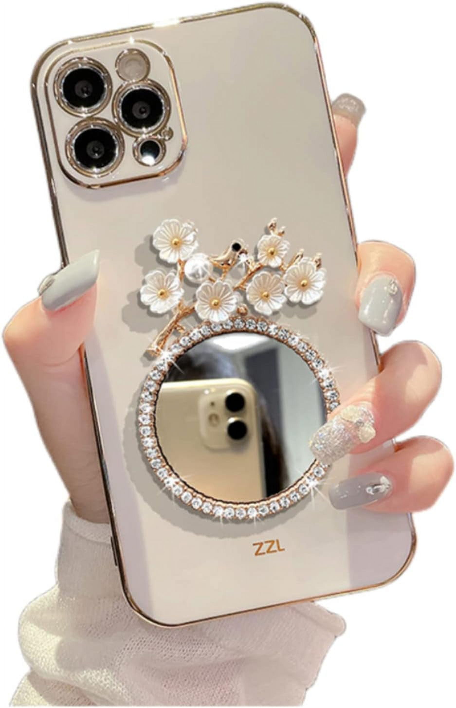 3D Flower Bird Soft TPU Bling Phone Case with Shiny Bezel Makeup Mirror ...