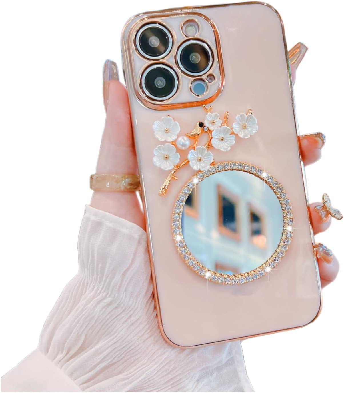 3D Flower Bird Soft TPU Bling Phone Case with Shiny Bezel Makeup Mirror ...