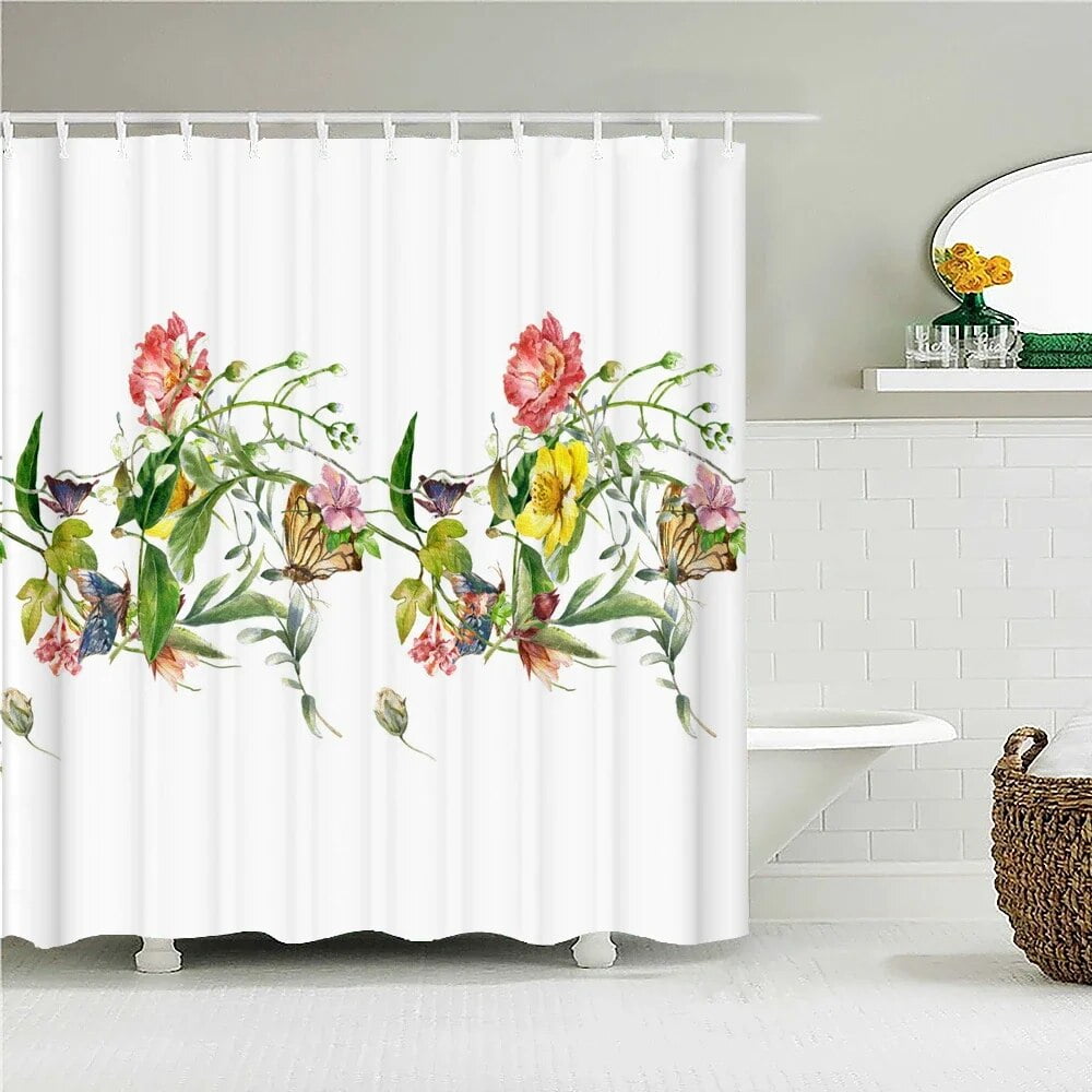 3d Flower Butterfly Birds Print Nordic Style Shower Curtain Set With
