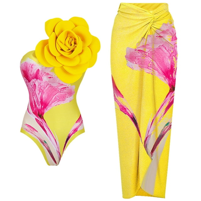 3d Flower One Piece Swimsuit For Women With Bikini Maxi Wrap Skirt