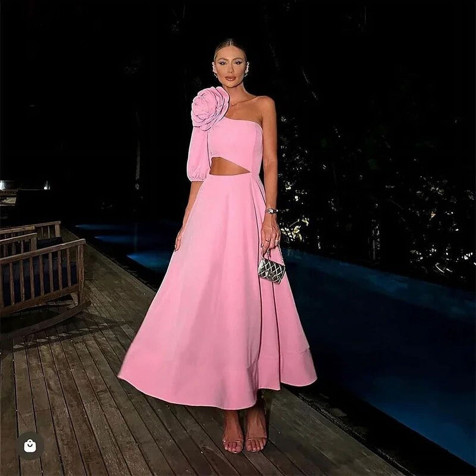 3D Flower One-shoulder Dress Women Diagonal Collar Cut Waist Hollow Out ...