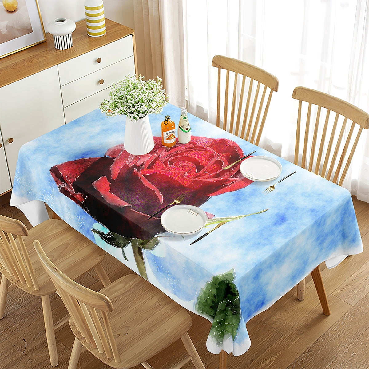 3D Flowers Rose Tree Tablecloth Watercolor Art Drawing Rectangle Table ...