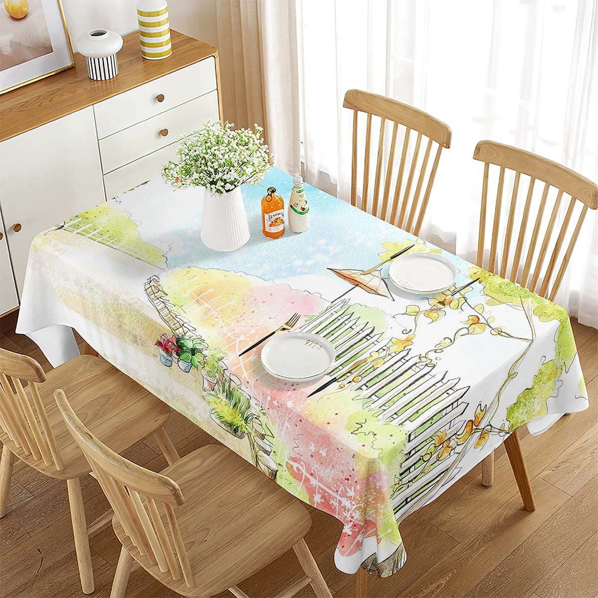 3D Flowers Rose Tree Tablecloth Watercolor Art Drawing Rectangle Table ...