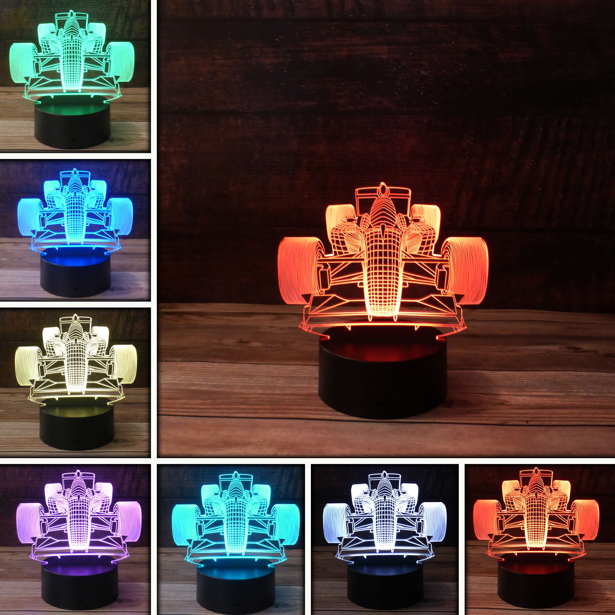 3D Formula One Race Car Night Light - 7 Color LED Lamp with USB or ...