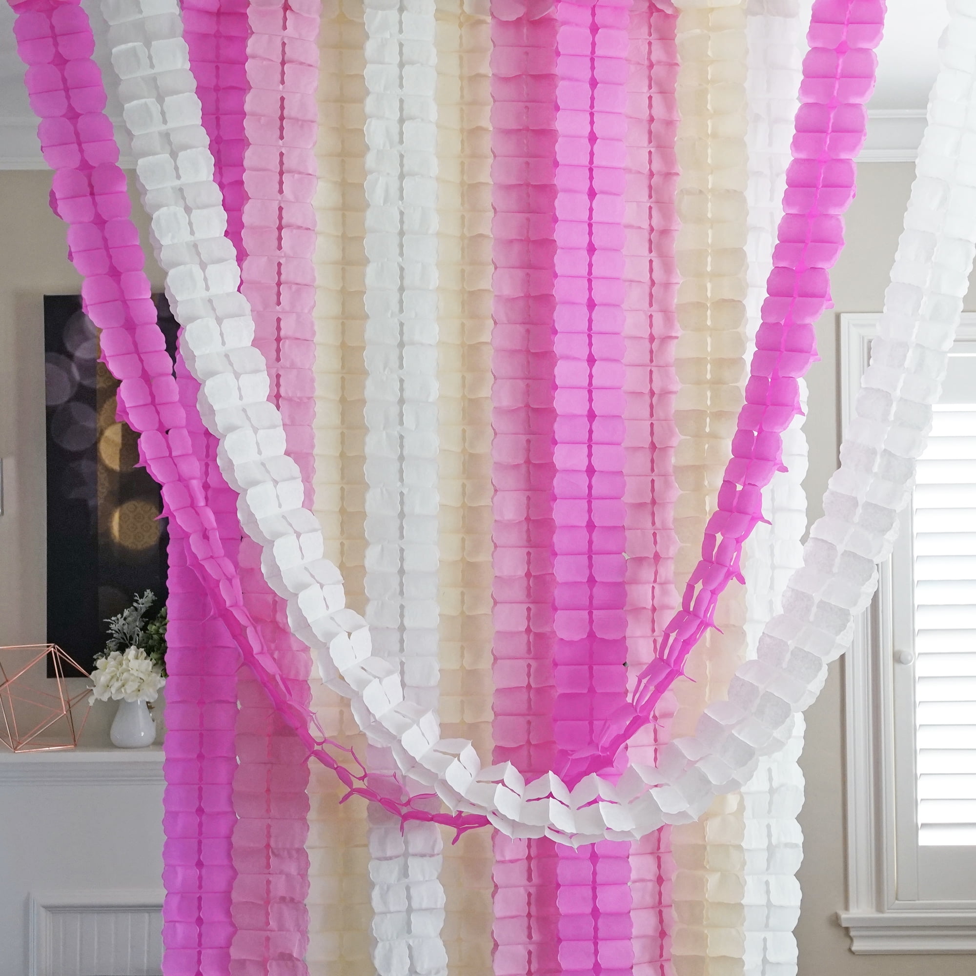 Light Pink Ivory White 3D Four Leaf Tissue Flower Hanging Streamers ...