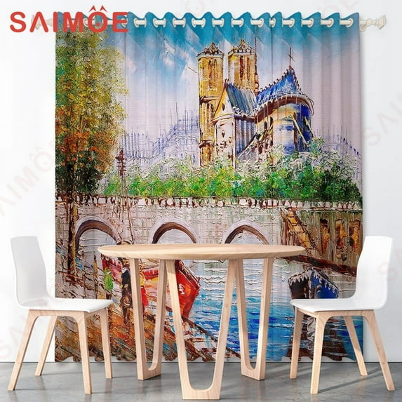 3D French Vintage Romantic Sea View Castle Street Curtains Sunset ...