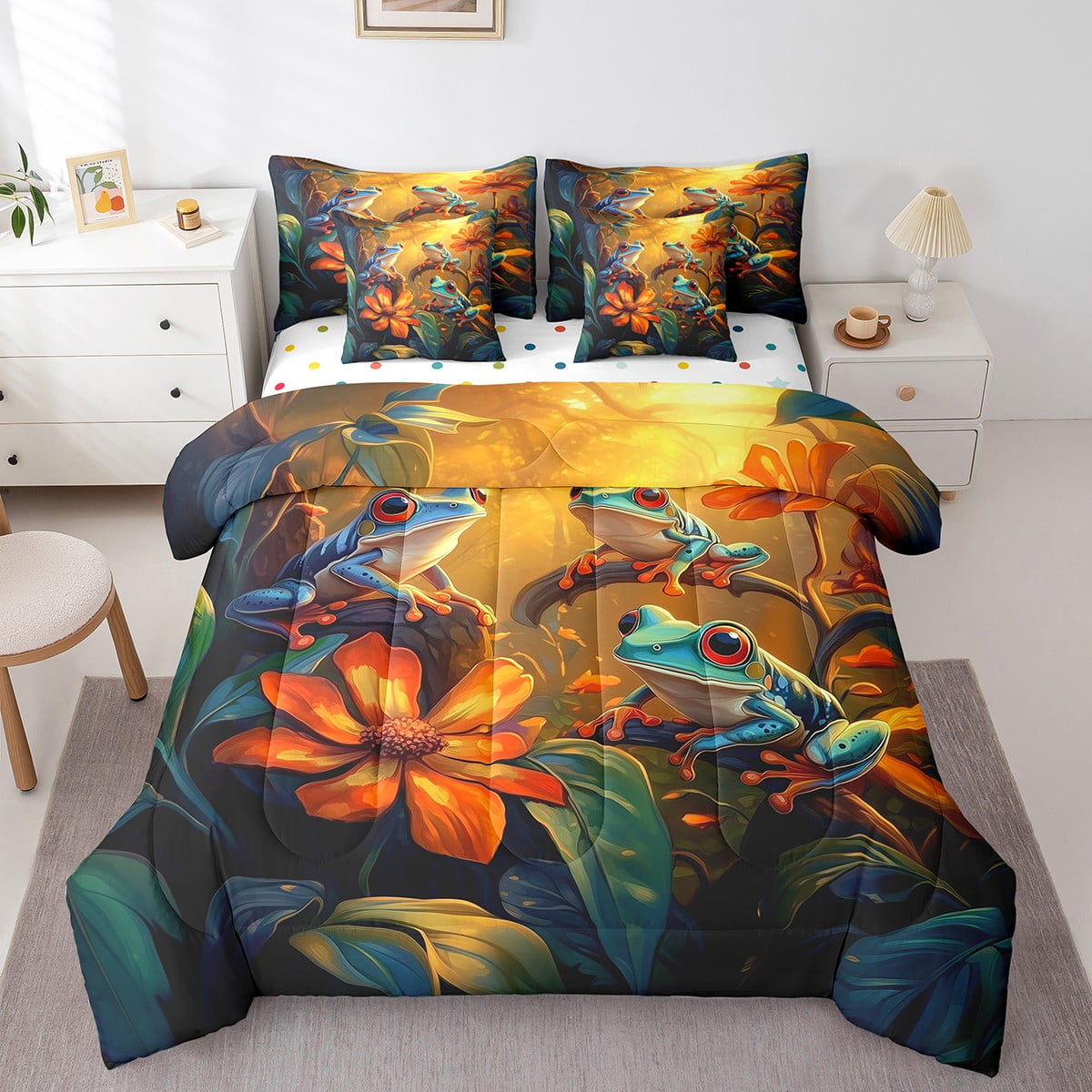 3D Frog Animal Comforter Set for Room Decor,Tropical Jungle Flowers ...