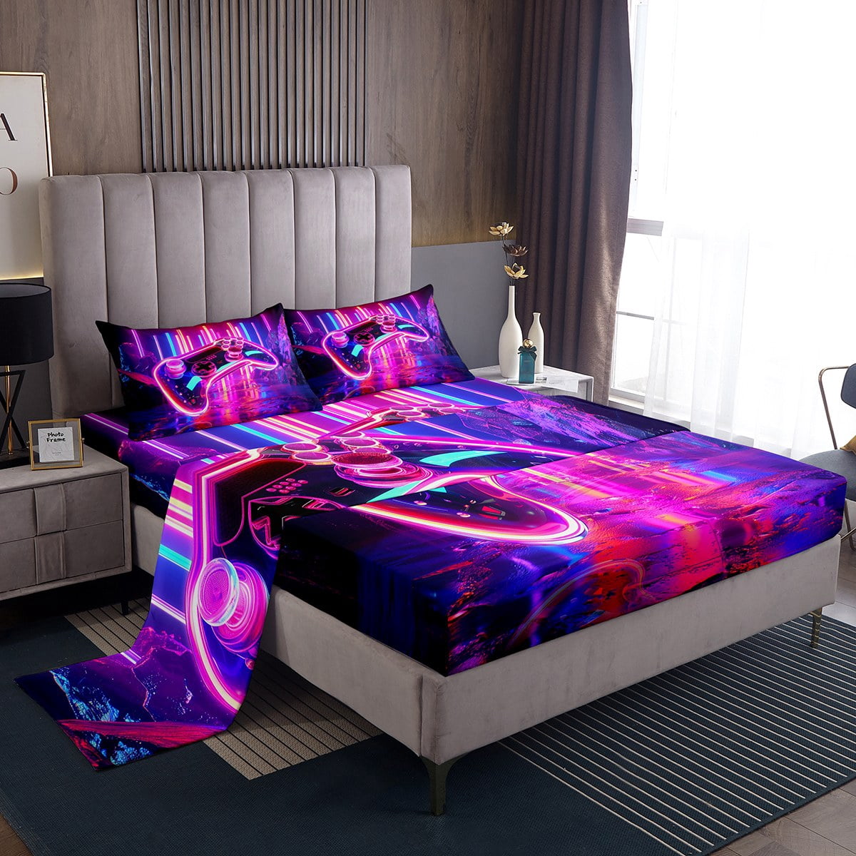 3D Gaming Bed Sheets Set Red Blue Neon Lights Gamepad Queen Sheet Set ...
