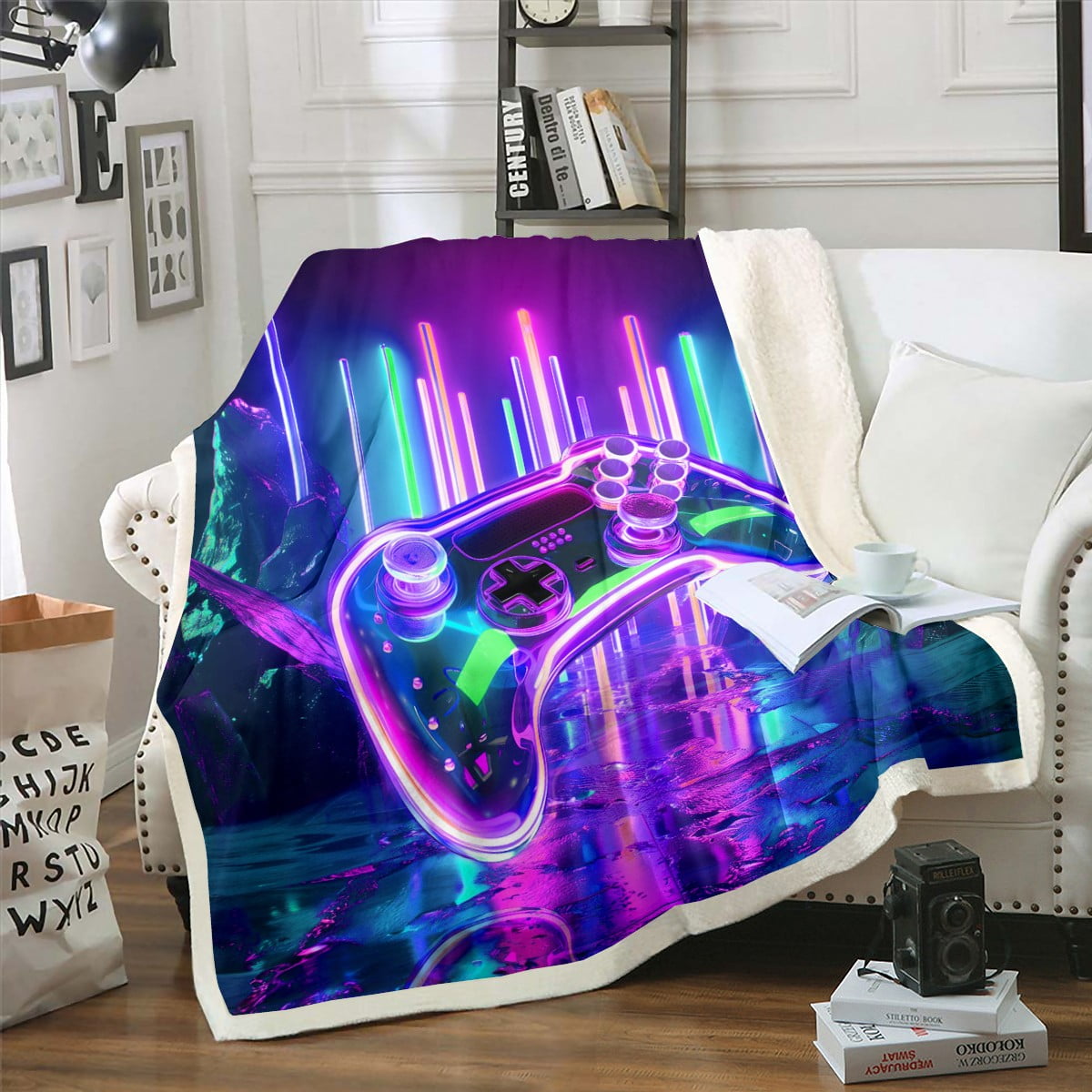 3D Gaming Blanket Blue Purple Neon Lights Gamepad 90"x90" Throw Blanket ...