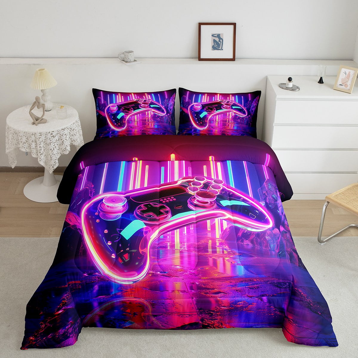 3D Gaming Comforter Set Red Blue Neon Lights Gamepad Queen Bedding Sets ...
