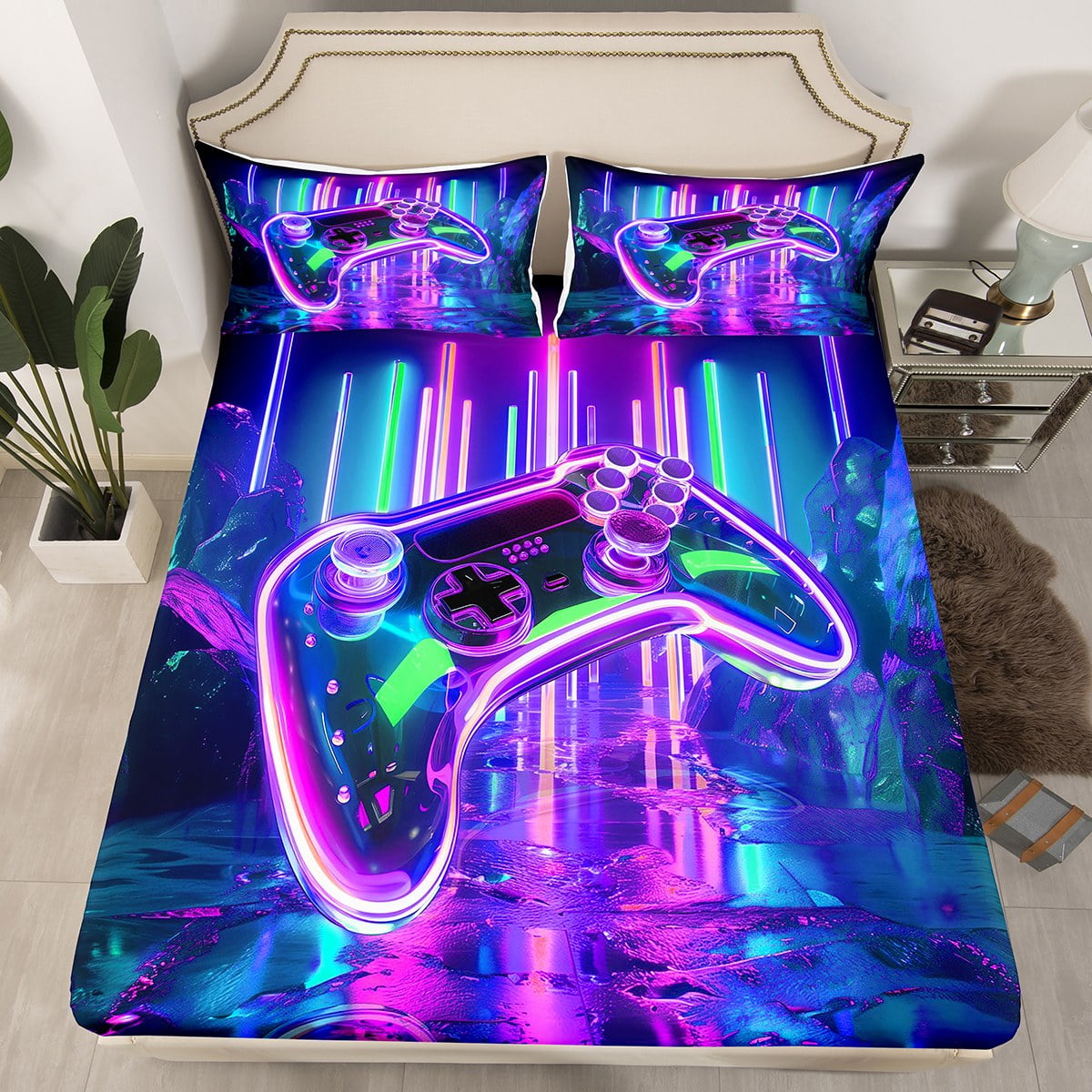 3D Gaming Fitted Sheet Blue Purple Neon Lights Gamepad Full Bed Sheets ...