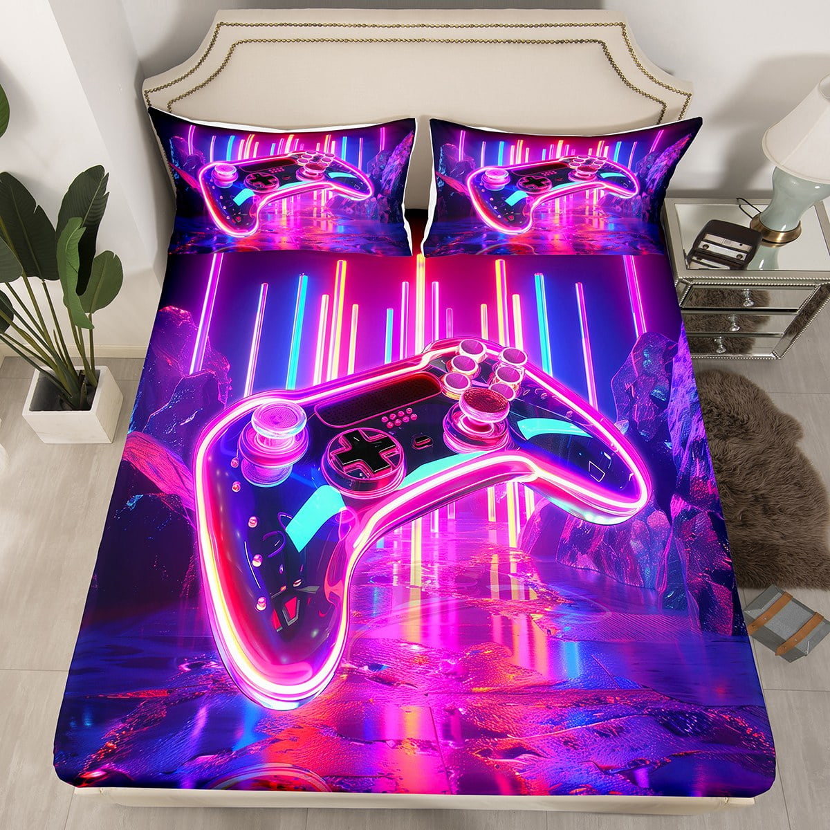 3D Gaming Fitted Sheet Red Blue Neon Lights Gamepad Twin Bed Sheets ...