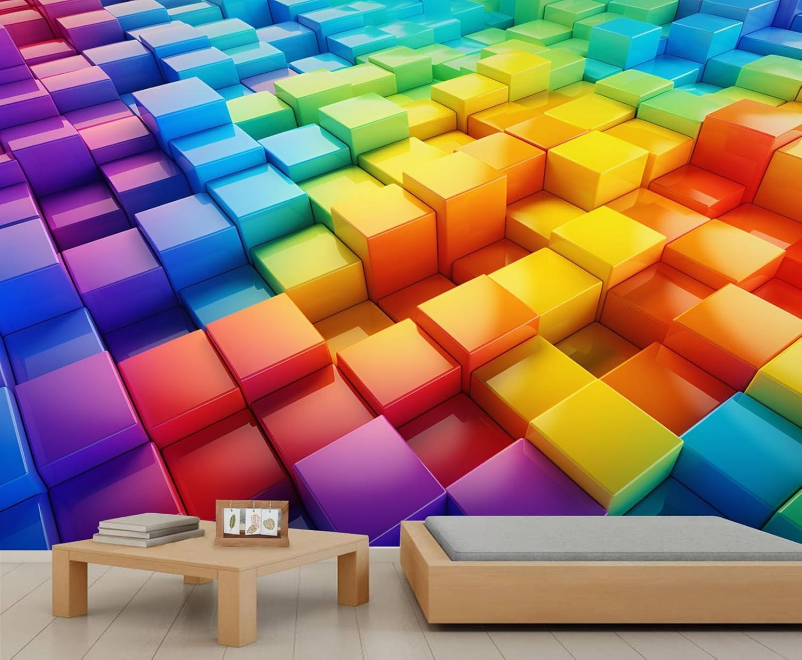 3D Geometric Cube Murals, Colorful Cube Wall Mural For Living Room Bedroom, Modern Fashion ...