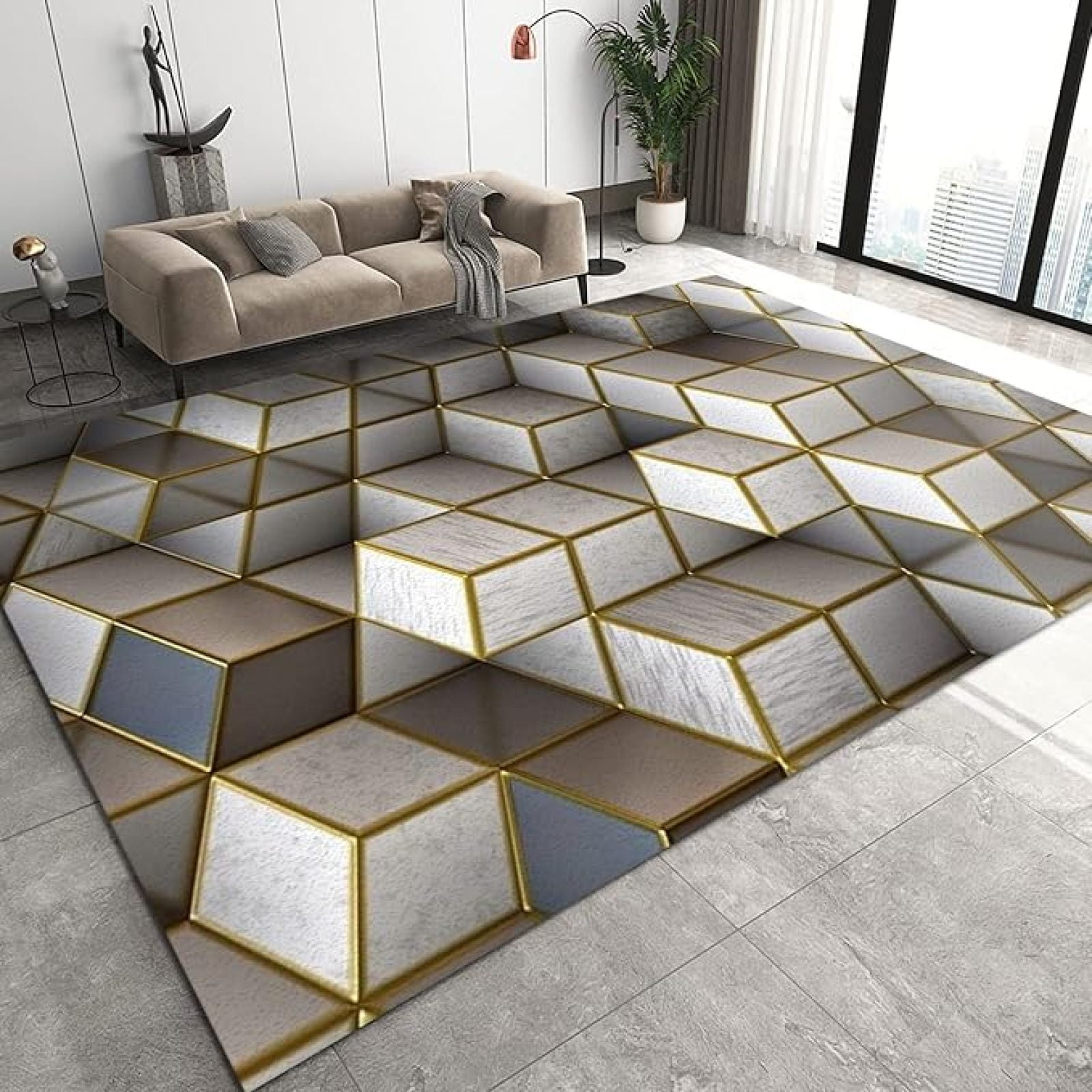 3D Geometric Marble Area Carpet, Nordic Golden Yellow Quadrilateral ...