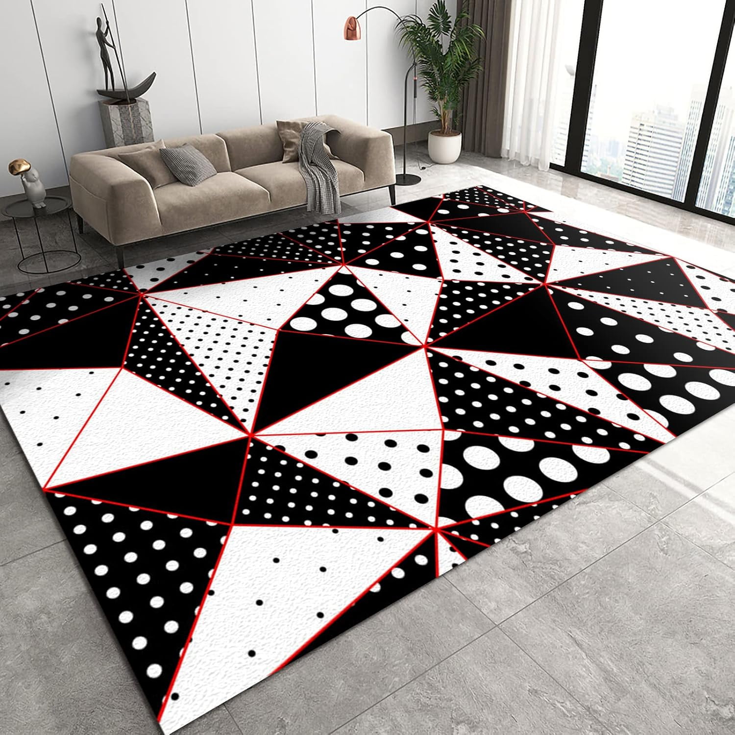 3D Geometric Marble Bedroom Rug, Black and White Round Spots Triangle ...