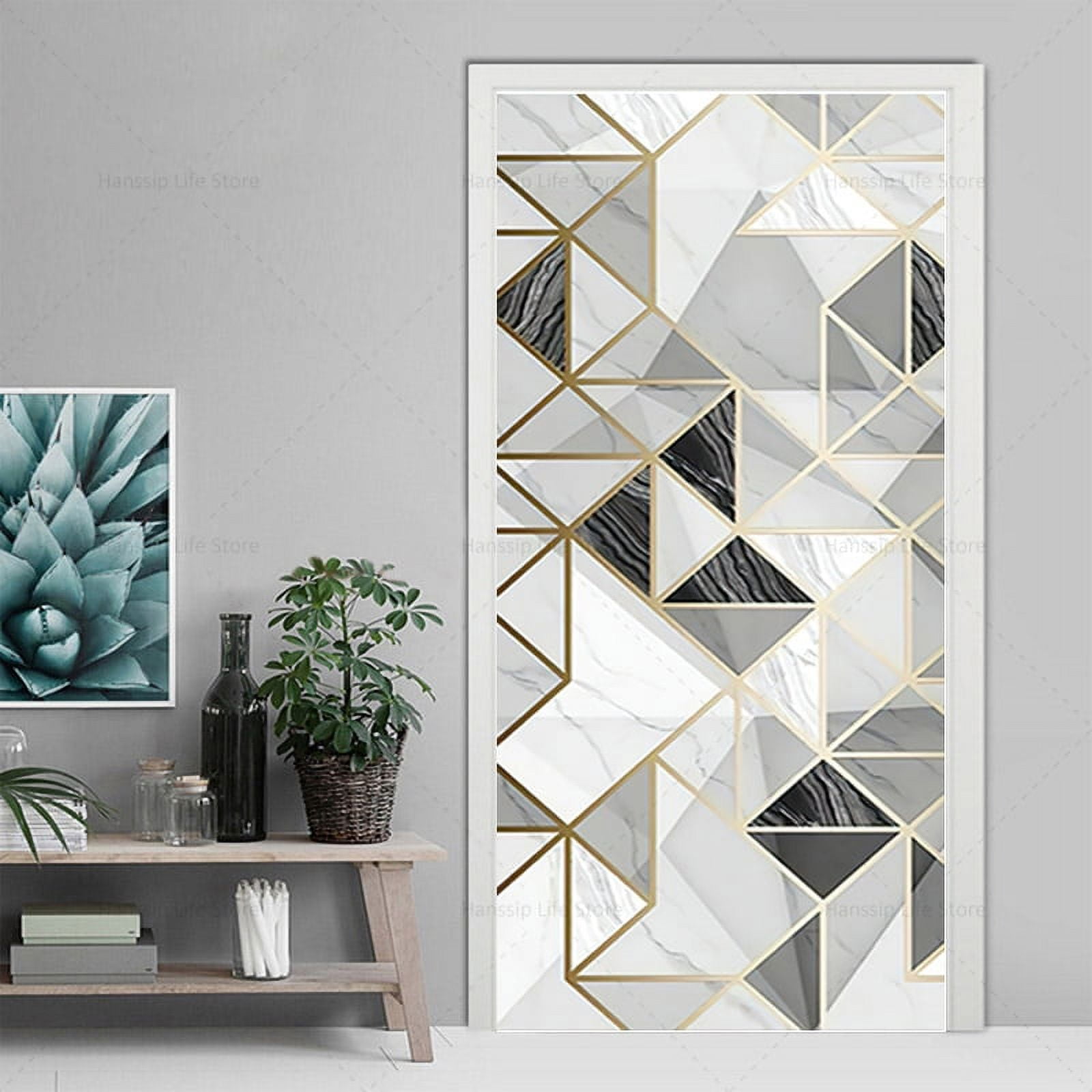 3D Geometric PVC Door Sticker Self Adhesive Gray Cool Stylish Full Door ...