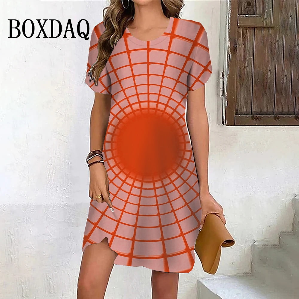 3D Geometry Print Dress Fashion Summer Short Sleeve Loose Ladies ...