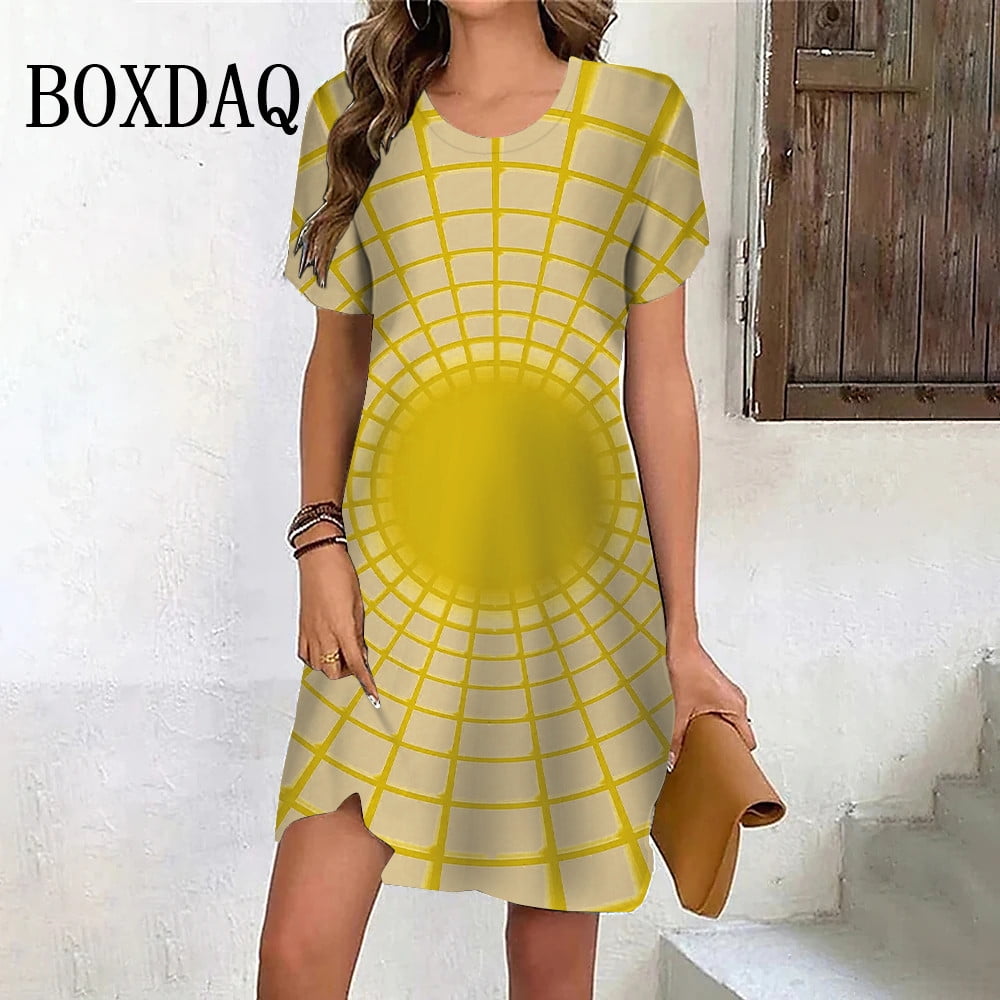 3D Geometry Print Dress Fashion Summer Short Sleeve Loose Ladies ...