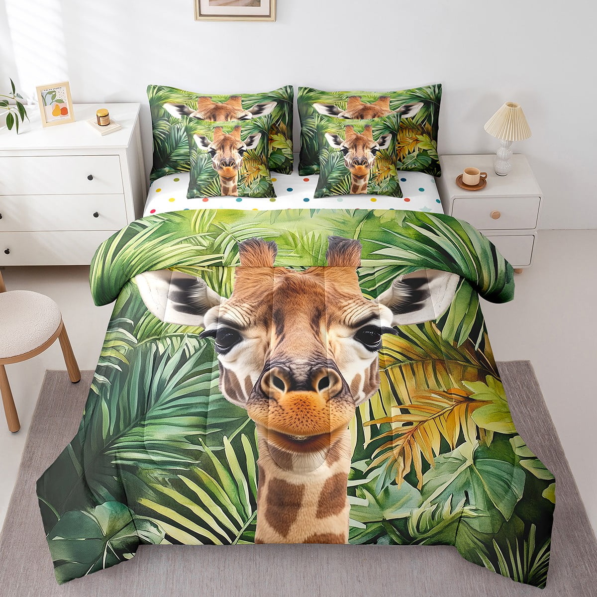 3D Giraffe Comforter Set with Sheets Tropical Palm Leaves 7 Piece ...