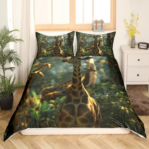 3D Giraffe Duvet Cover King Size Green Jungle Trees Bedding Set 3pcs ...