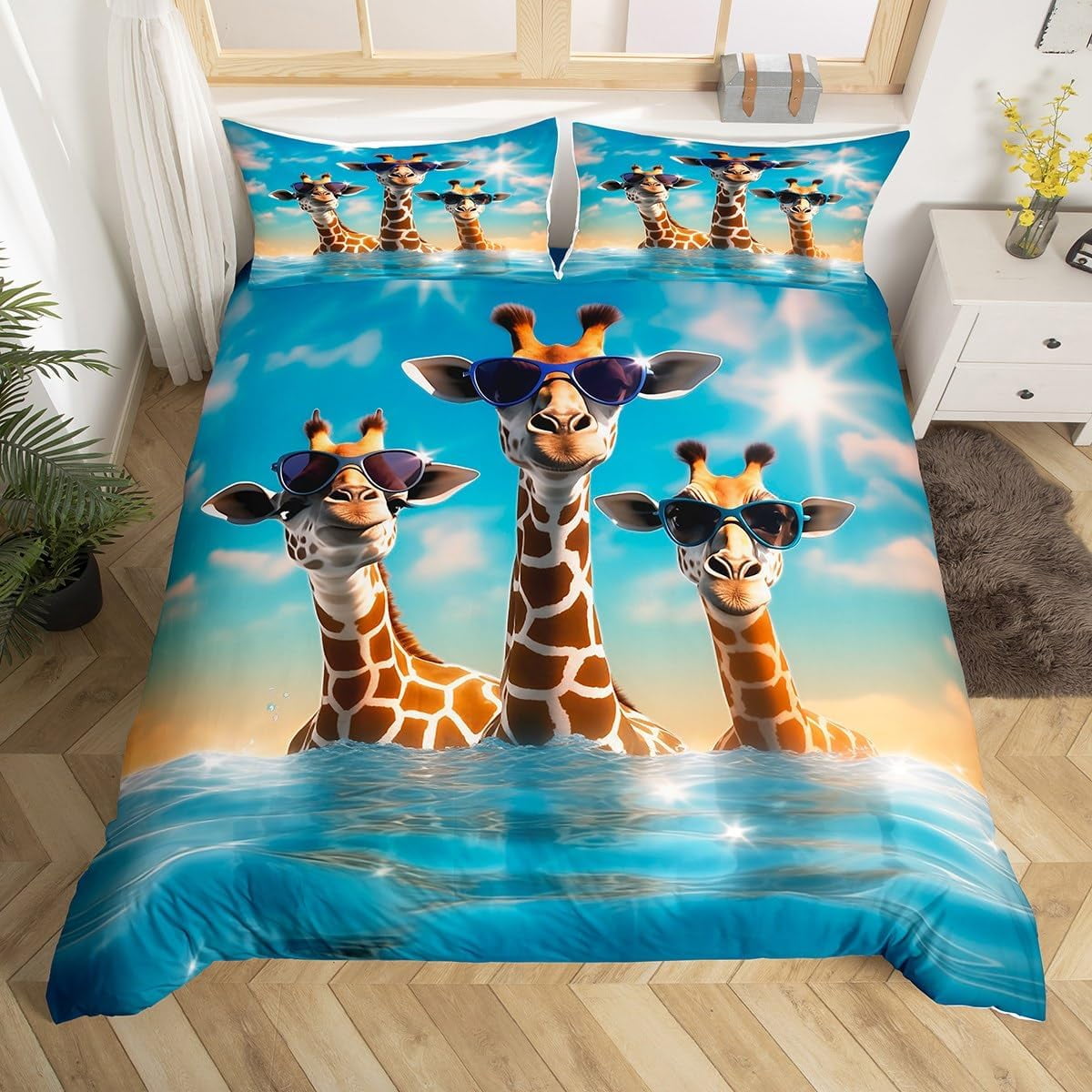 3D Giraffe Duvet Cover Set,Funny Wild Animals Bedding Set 3Pcs,Blue ...