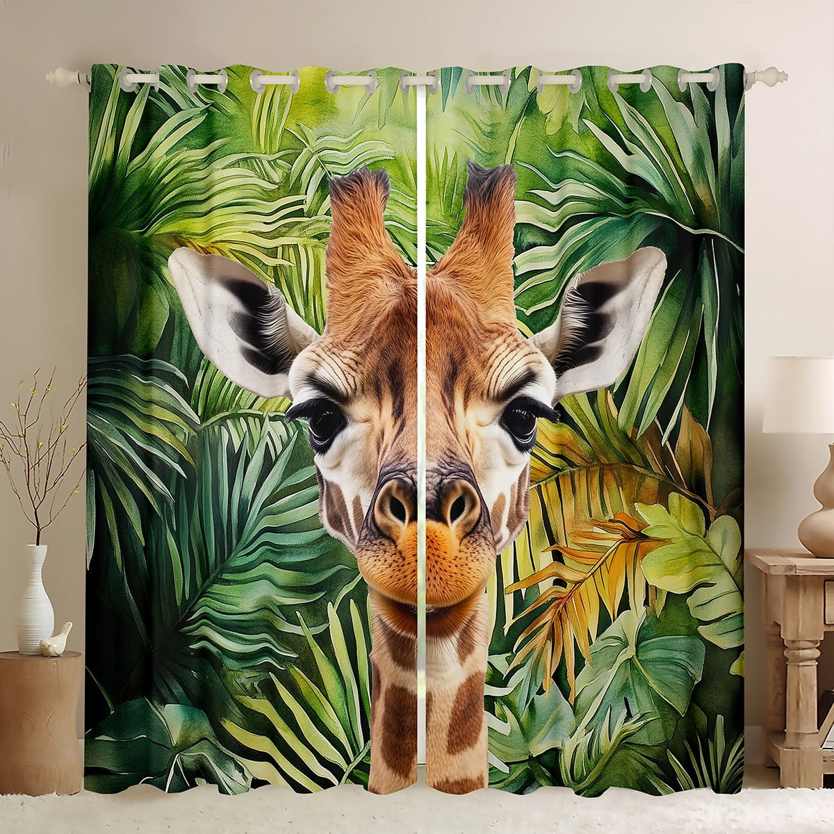 3D Giraffe Window Drapes Tropical Palm Leaves Window Curtains for ...