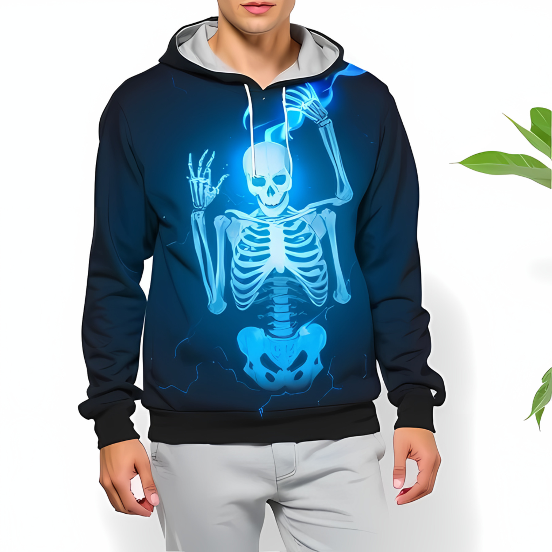 3D Glowing Light Blue Skeleton Graphic Hoodie Dark Blue with Effects ...