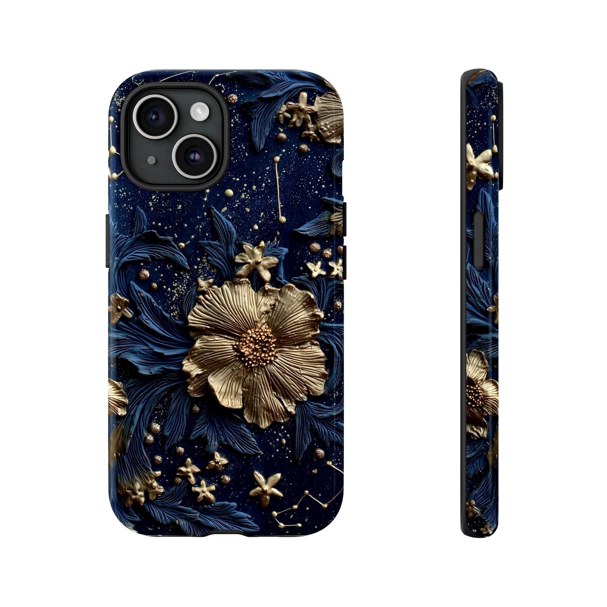 3D Gold Floral Constellation Phone Case Navy Starry Night iPhone 17 ...