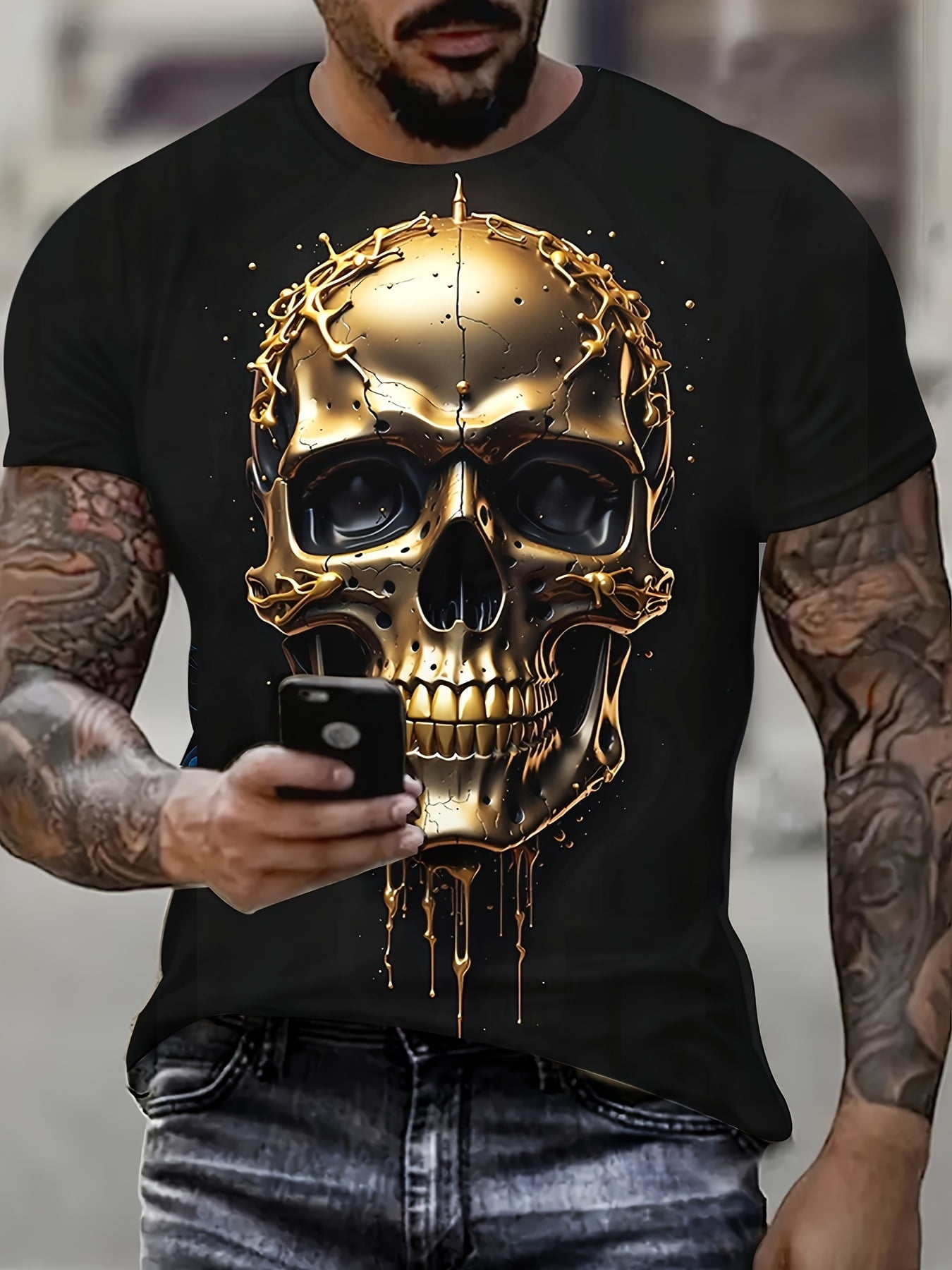 3D Gold Skull Graphic T-Shirt for Men - Soft Pure Cotton, Short Sleeve ...