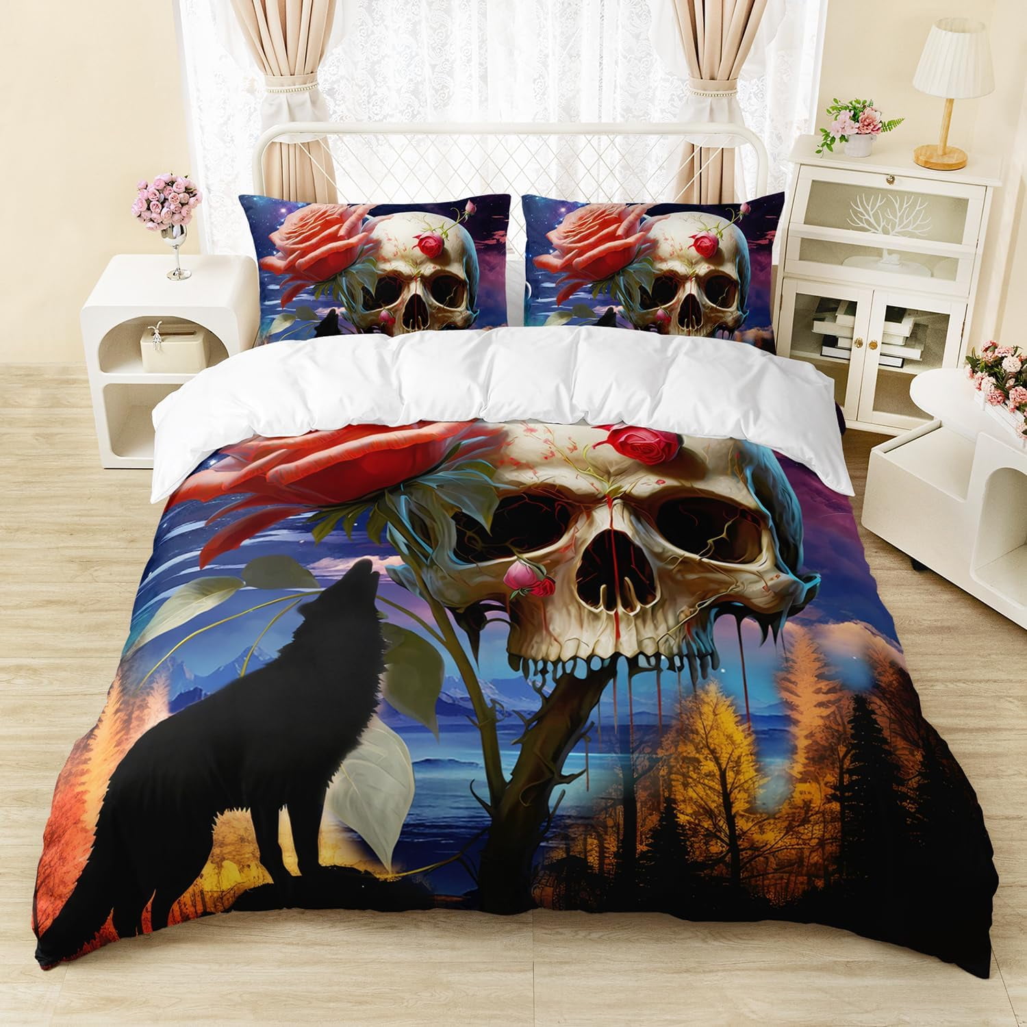 3D Gold Skull Rose Duver Cover Set Size Oil Red Rose Bedding Set for ...