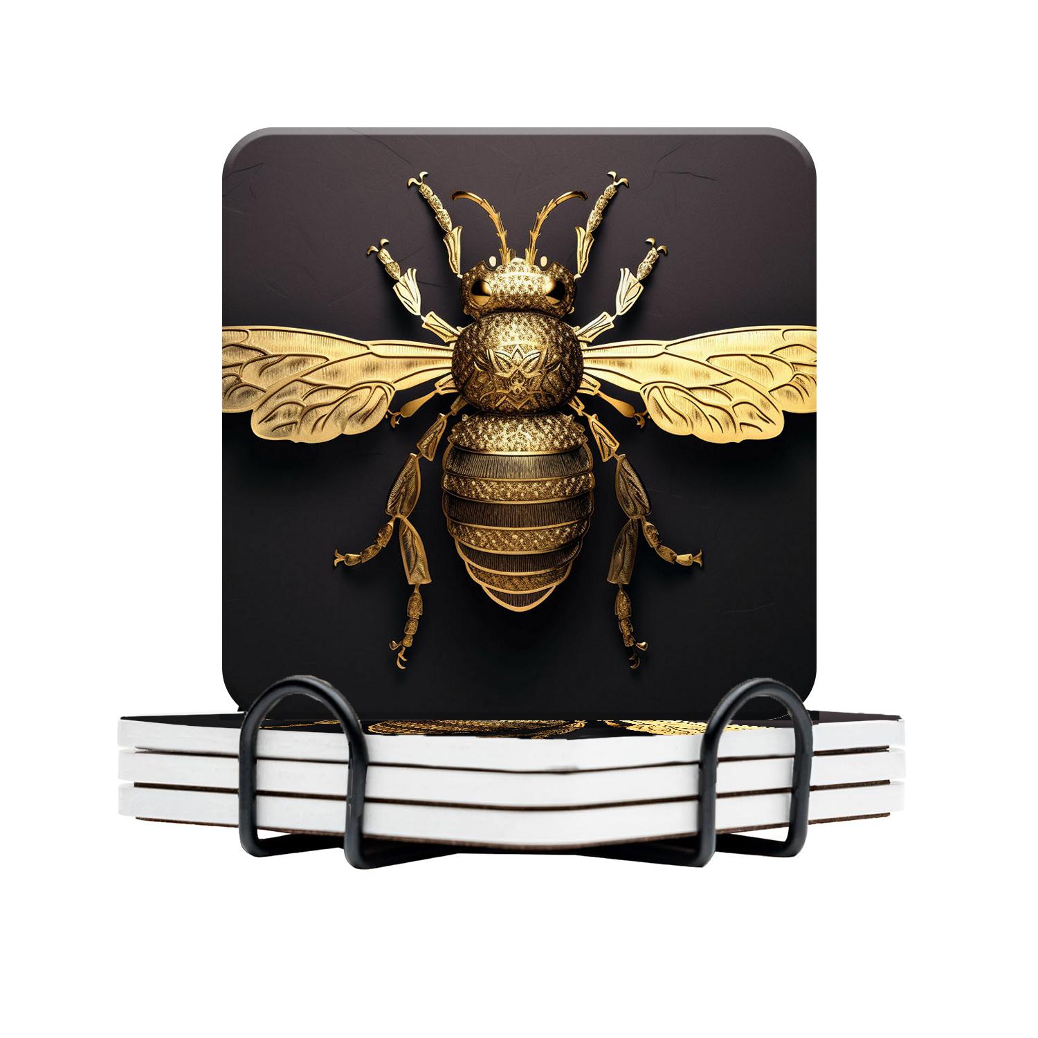 3D Golden Bee Beautiful Drink Coasters with Holder,Non-Slip Coasters ...