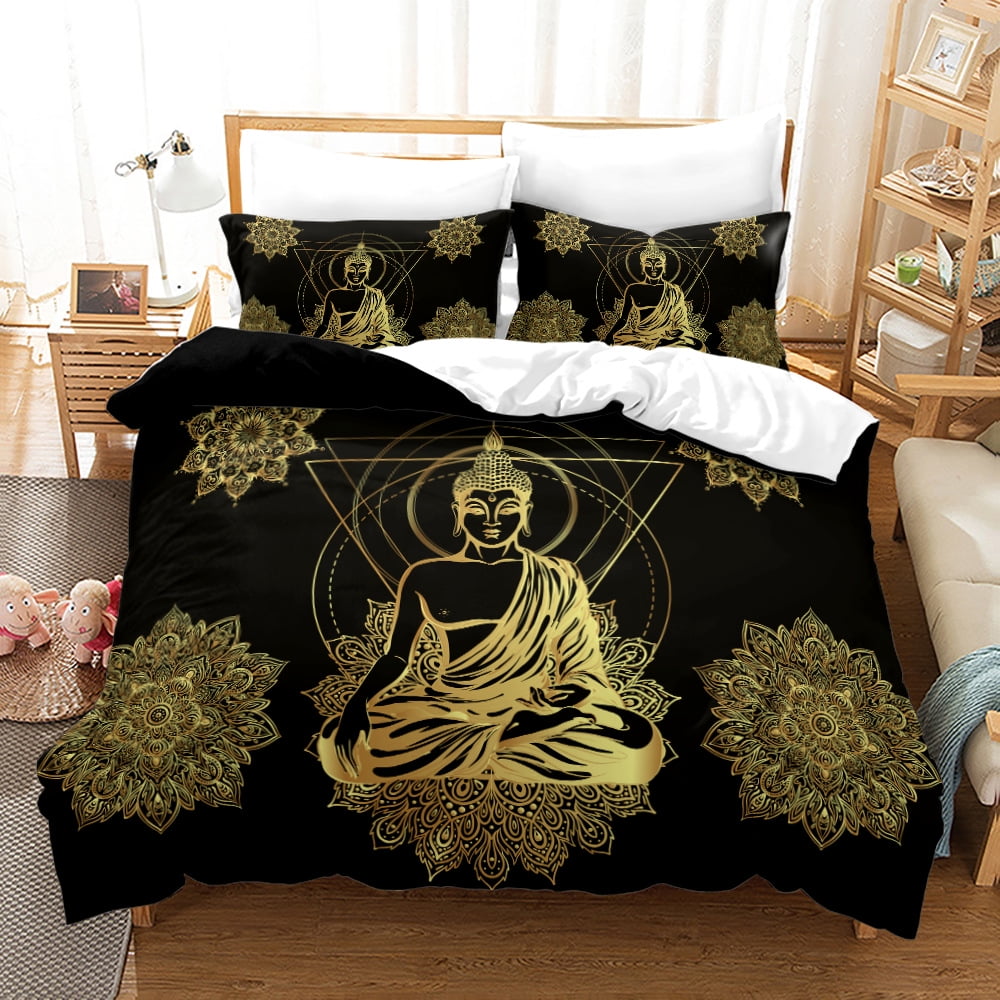 3D Golden Buddha Statue Bedding Set Bohemian Down Duvet Cover Pillow ...