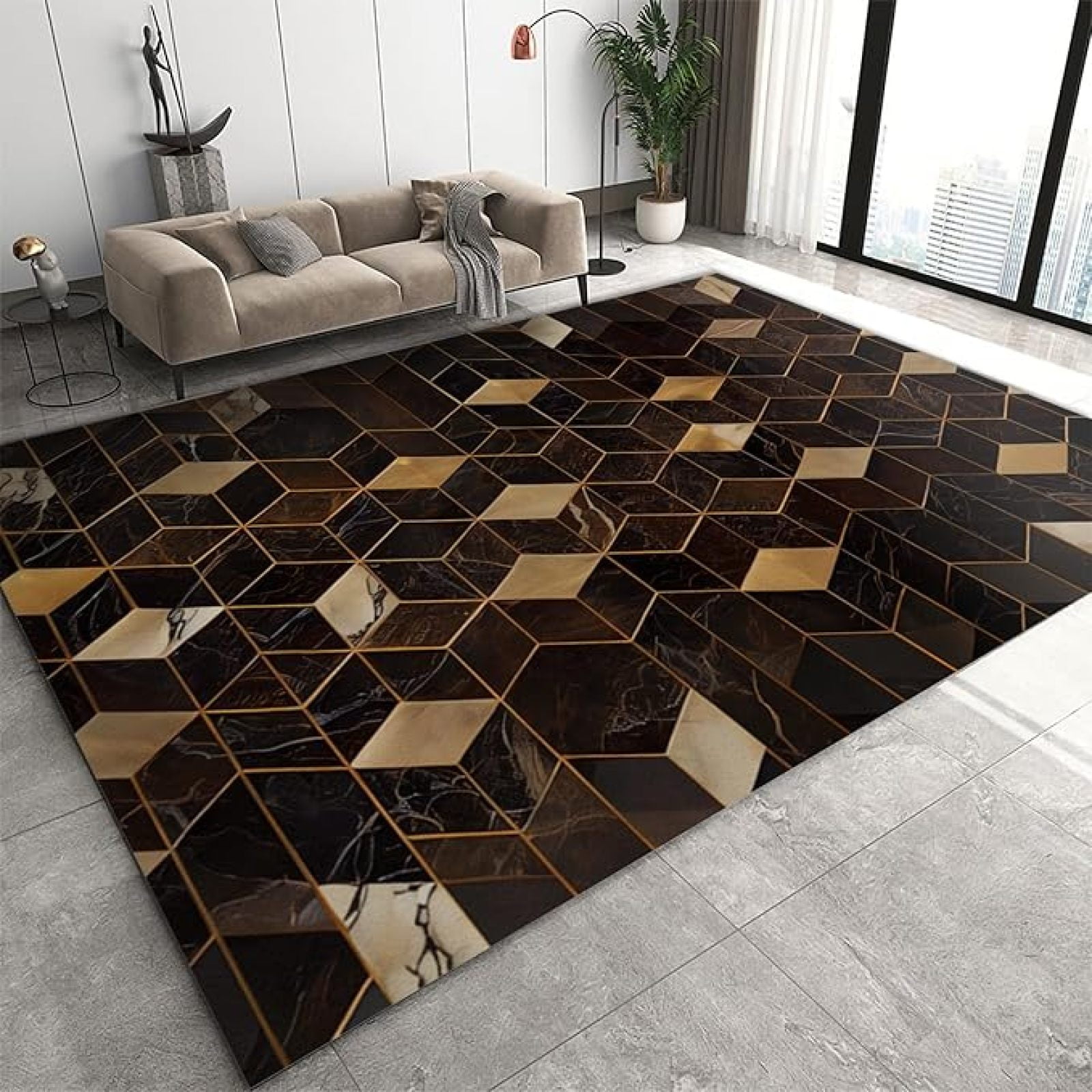 3D Golden Geometric Cube Area Rug, Abstract Optical Illusion Non Slip ...