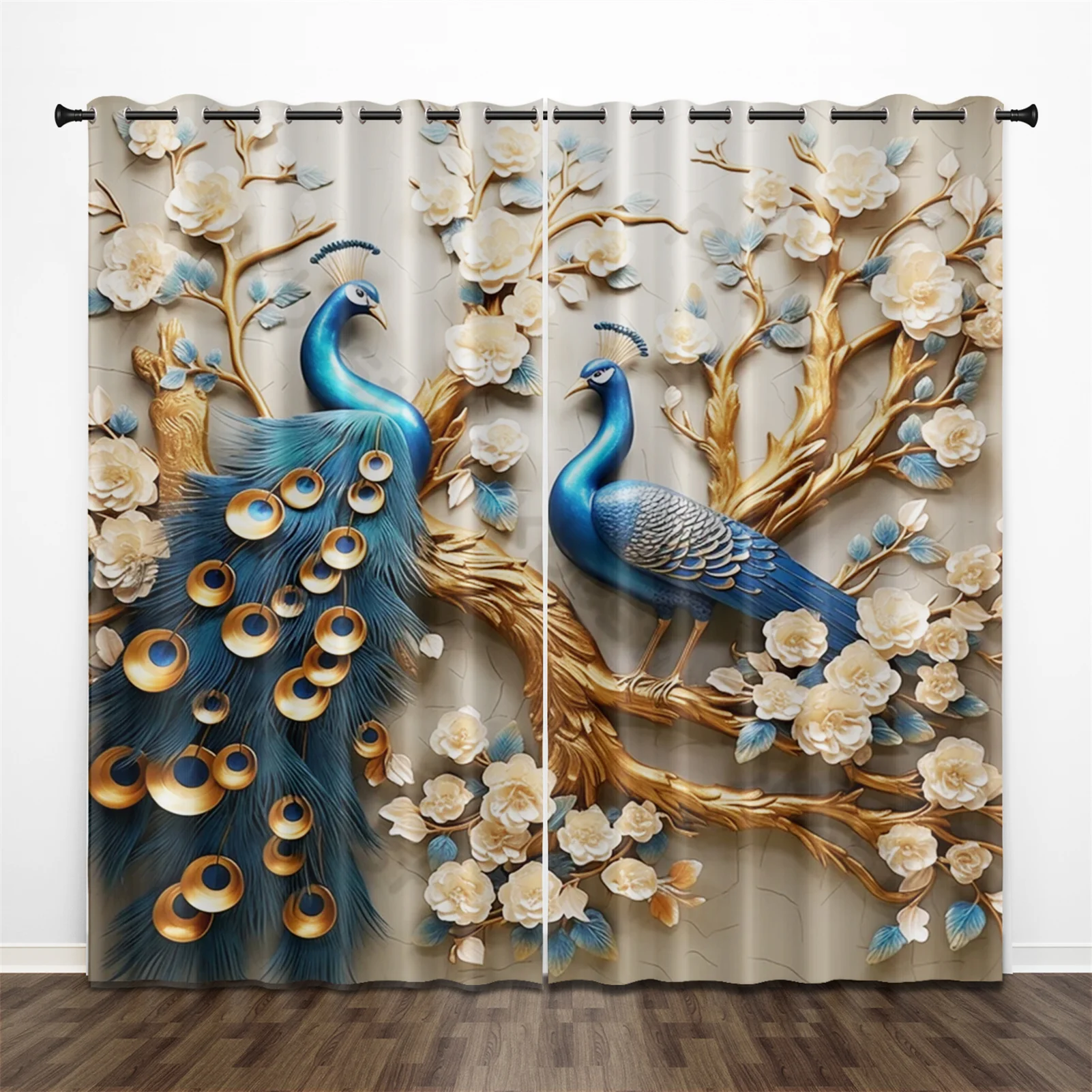 3D Golden Peacock Relief Luxury Modern Light Filtering Drapes Theme ...