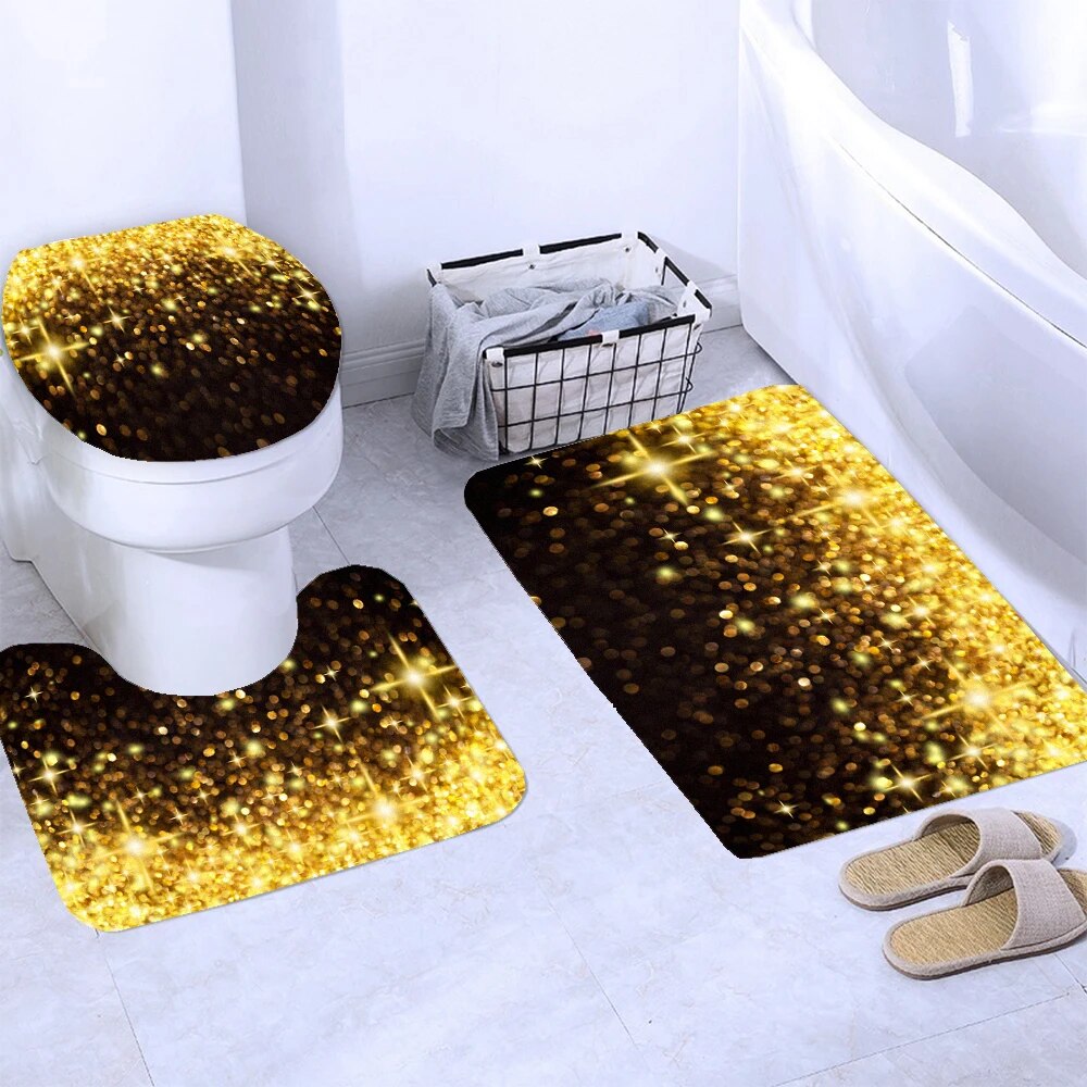 3D Golden Spangled Shower Curtains Sparkling Shining Printing Bath Curtains Set Non-slip Bath ...