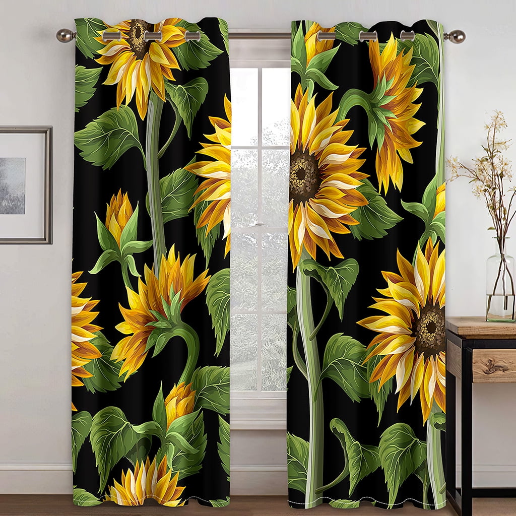 3D Golden Yellow Sunflower Butterfly Home ration Sun Shade Curtains 2 ...