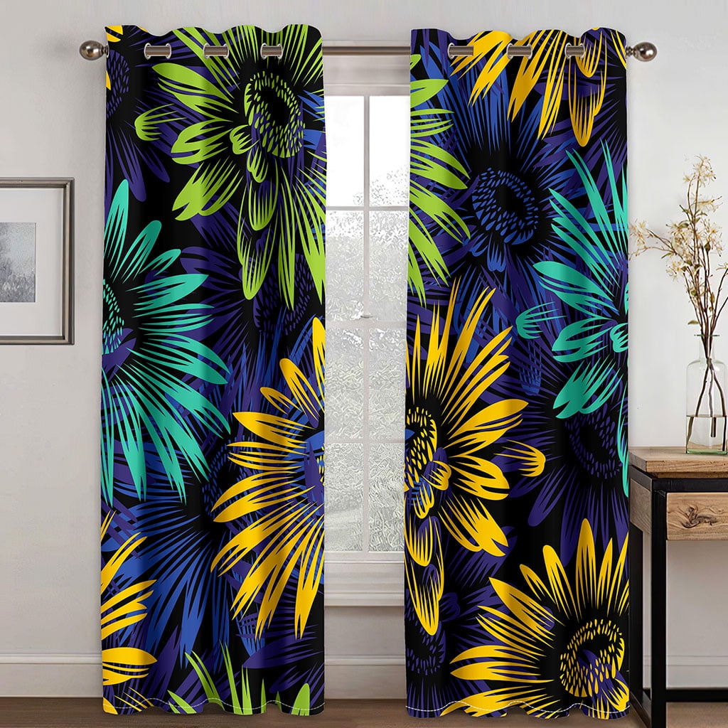 3D Golden Yellow Sunflower Butterfly Home ration Sun Shade Curtains 2 ...