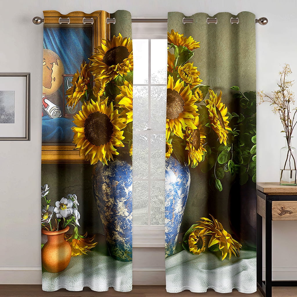 3D Golden Yellow Sunflower Butterfly Home ration Sun Shade Curtains 2 ...