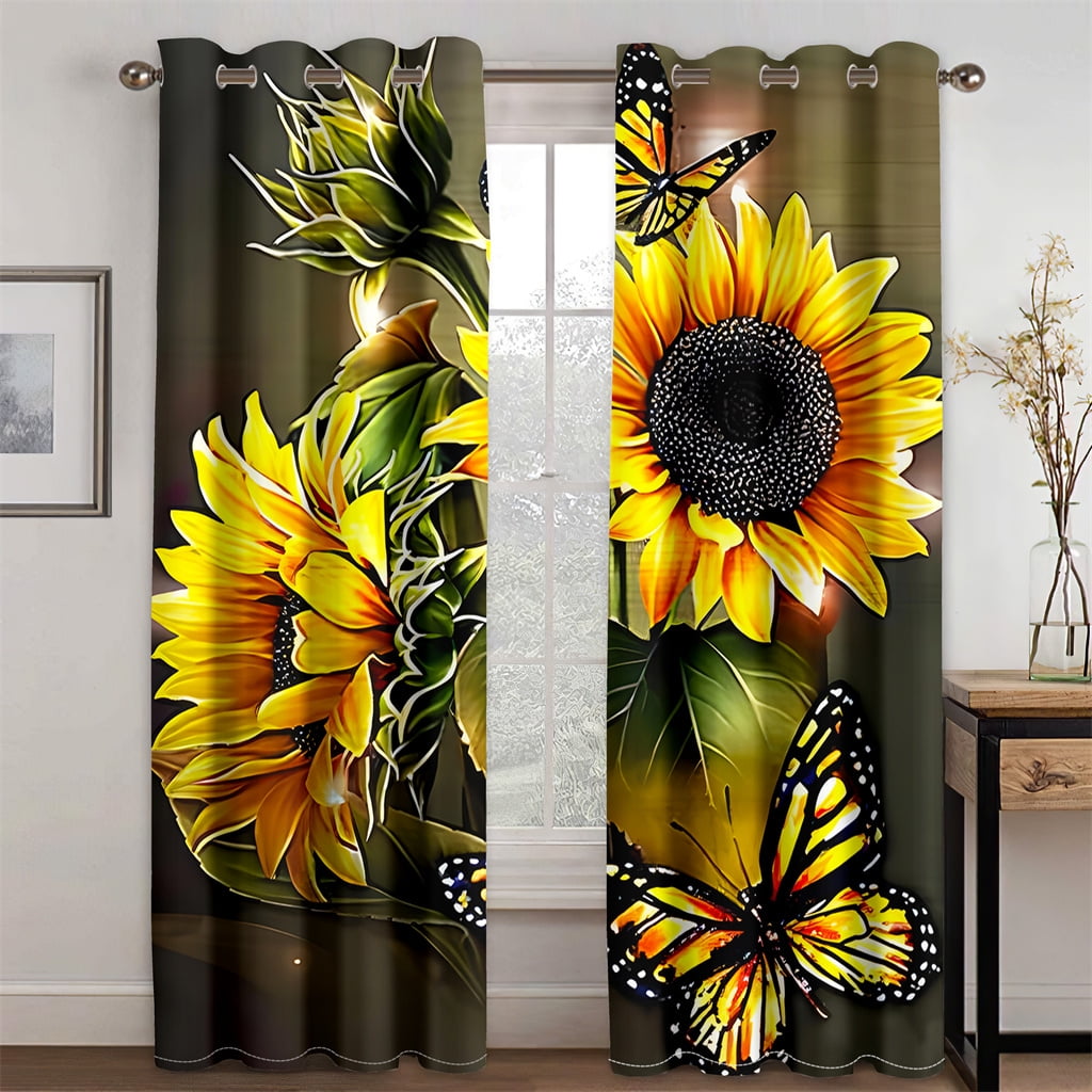3D Golden Yellow Sunflower Butterfly Home ration Sun Shade Curtains 2 ...