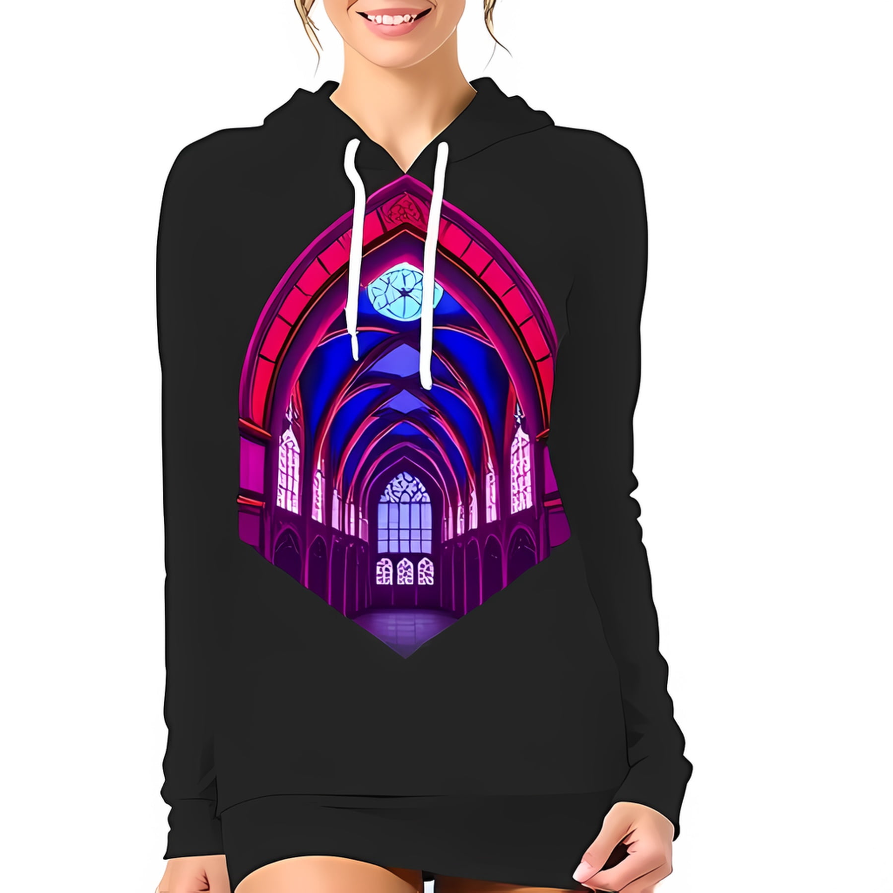 3D Gothic Cathedral Graphic Black Hoodie Dress - Vibrant Arched Windows ...