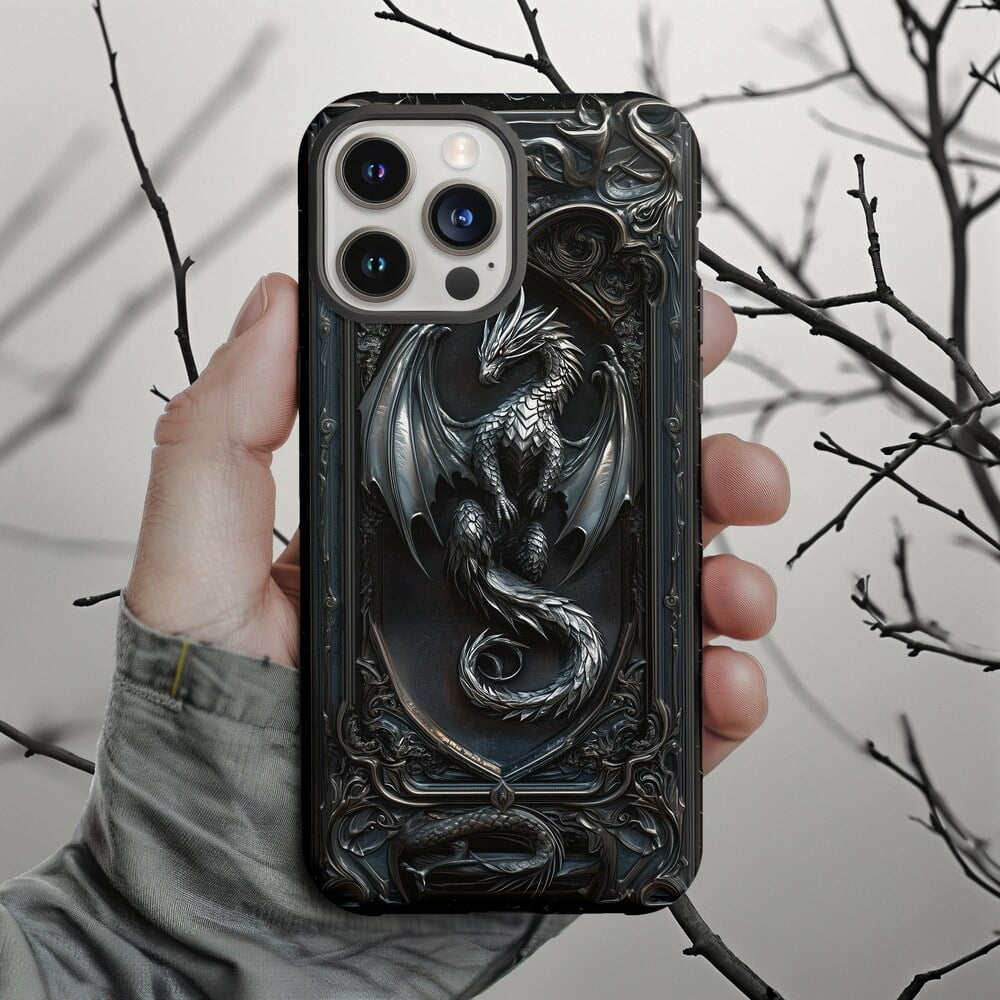 3D Gothic Silver Dragon Dark Fantasy Phone Case with iPhone 17 to 11 ...