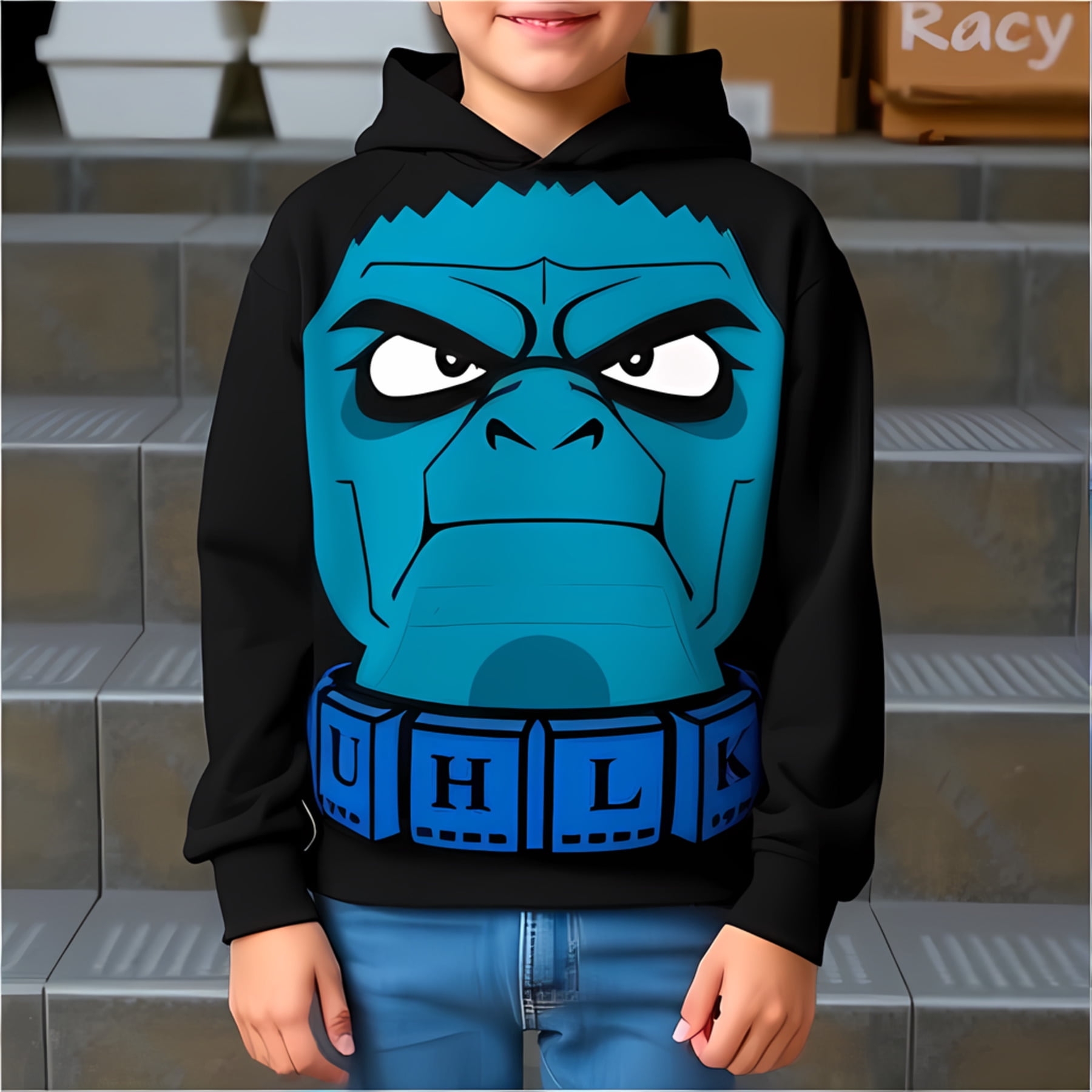 3D Graphic Black Hoodie Teal Creature Design with U H L K Text Stylish ...