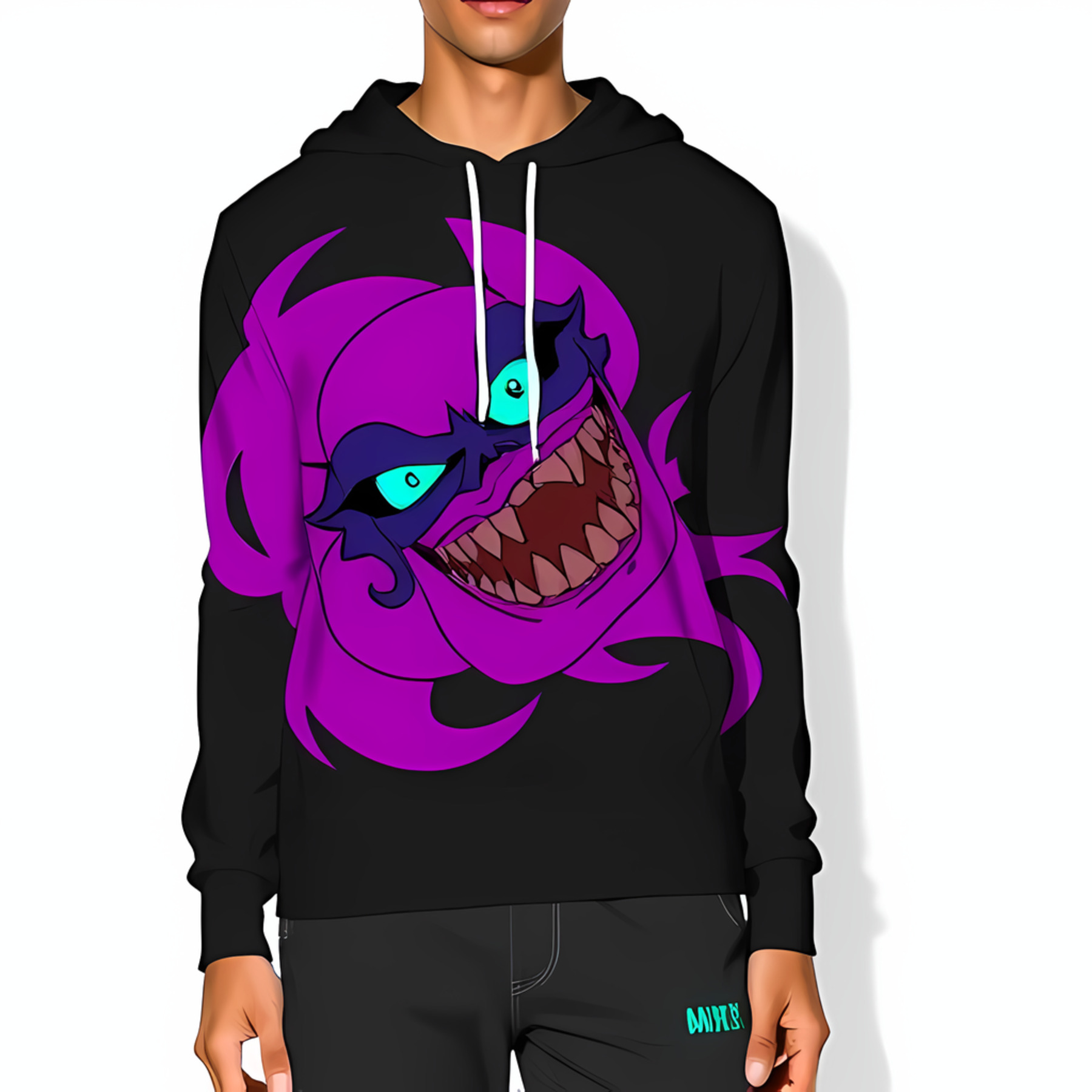 3D Graphic Black Hoodie with Purple Creature Design Glowing Green Eyes ...