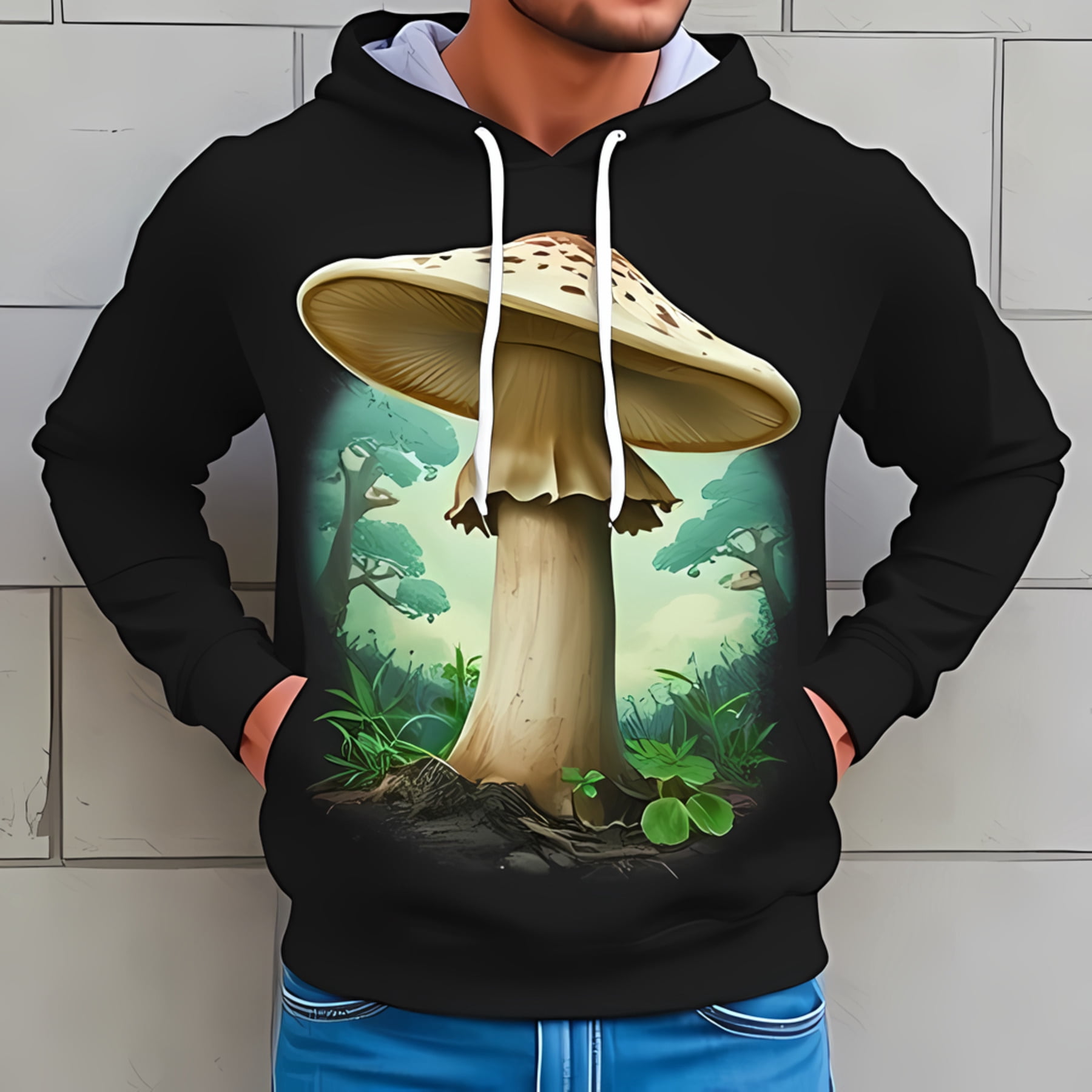 3D Graphic Black Hoodie with Vibrant Mushroom Design in Serene Forest ...
